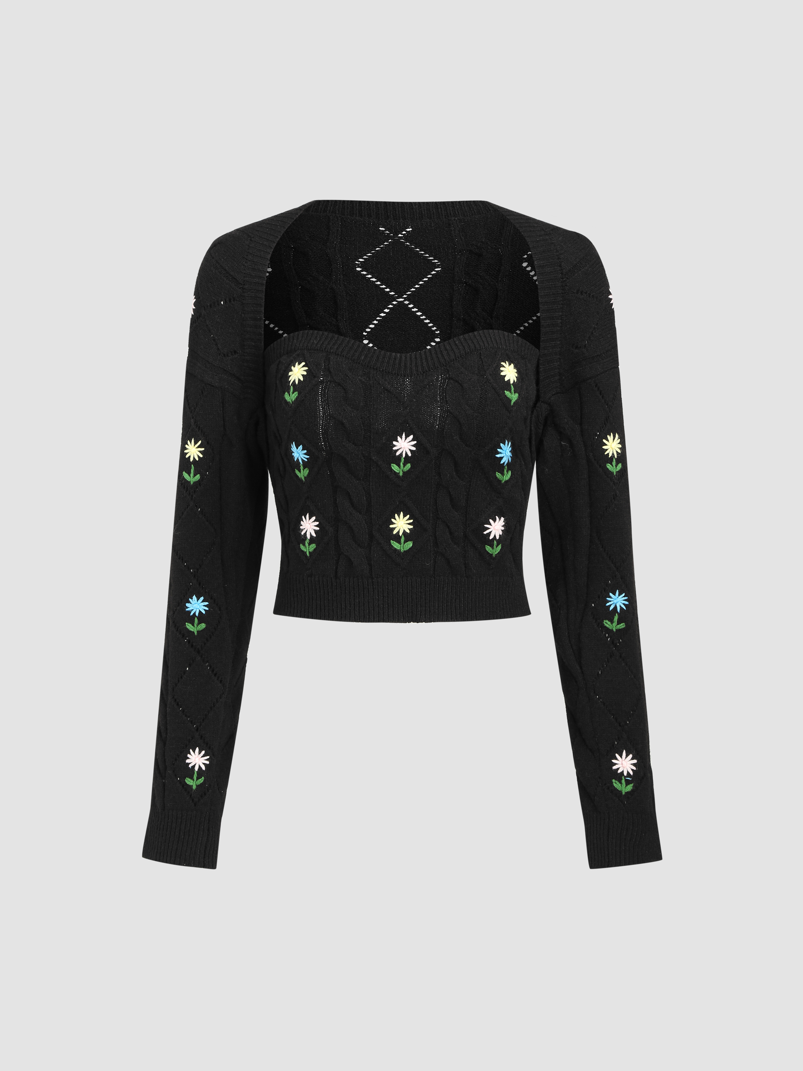 Knit Fabric Flower Knitted Long Sleeve Shrug & Knitted Embroidery ...