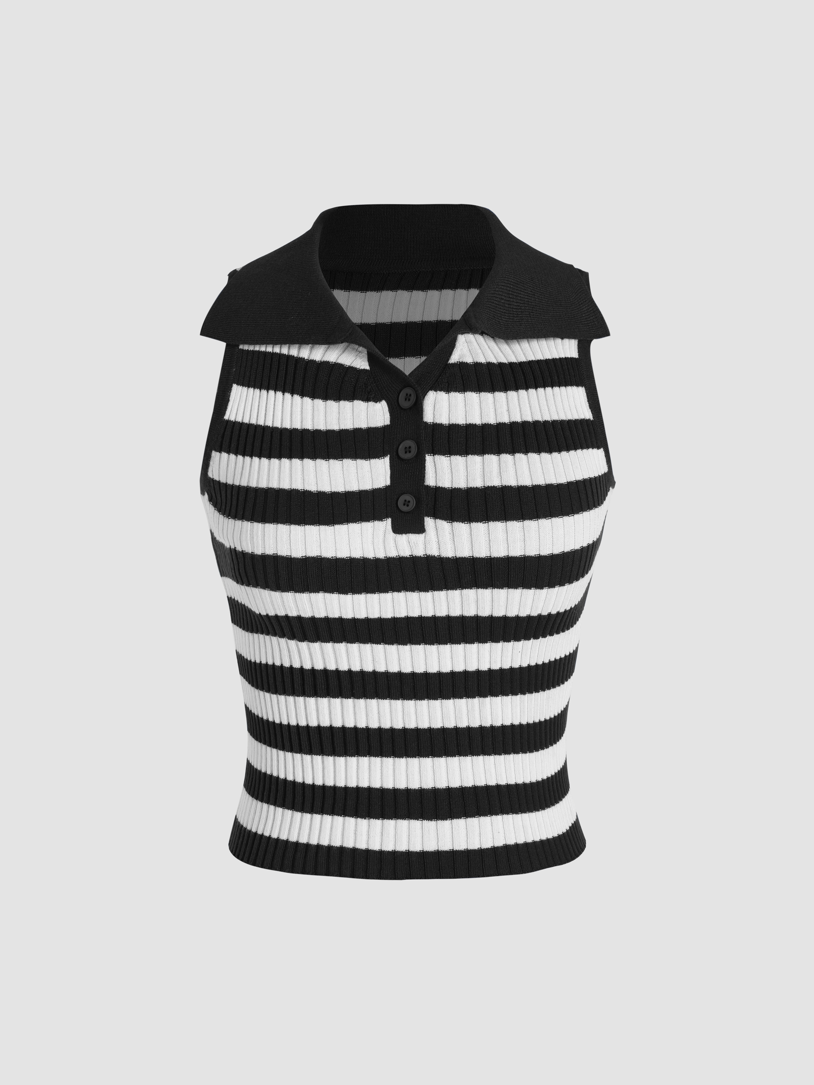 Polo Stripe Knitted Crop Tank Top For Daily Casual