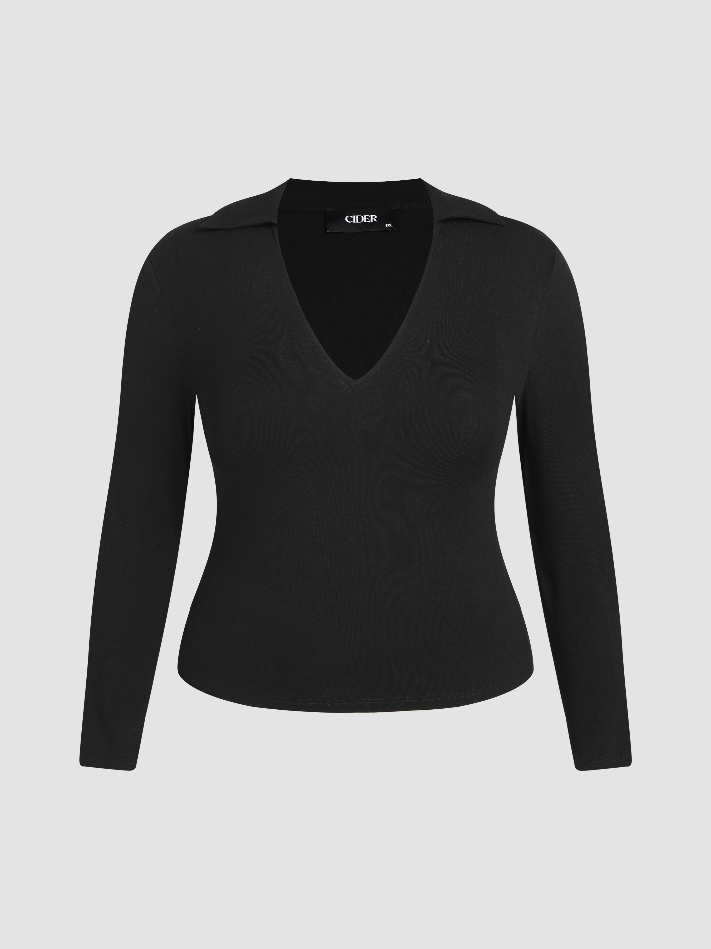 Knit Fabric V-neck Collar Long Sleeve Tee Curve & Plus For Daily Casual ...