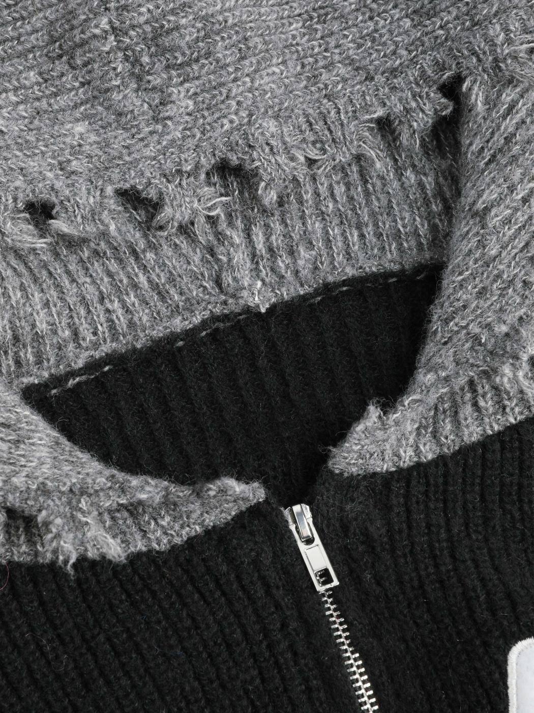 Knit Fabric Knit Ripped Contrasting Binding Zipper Hoodie For School ...