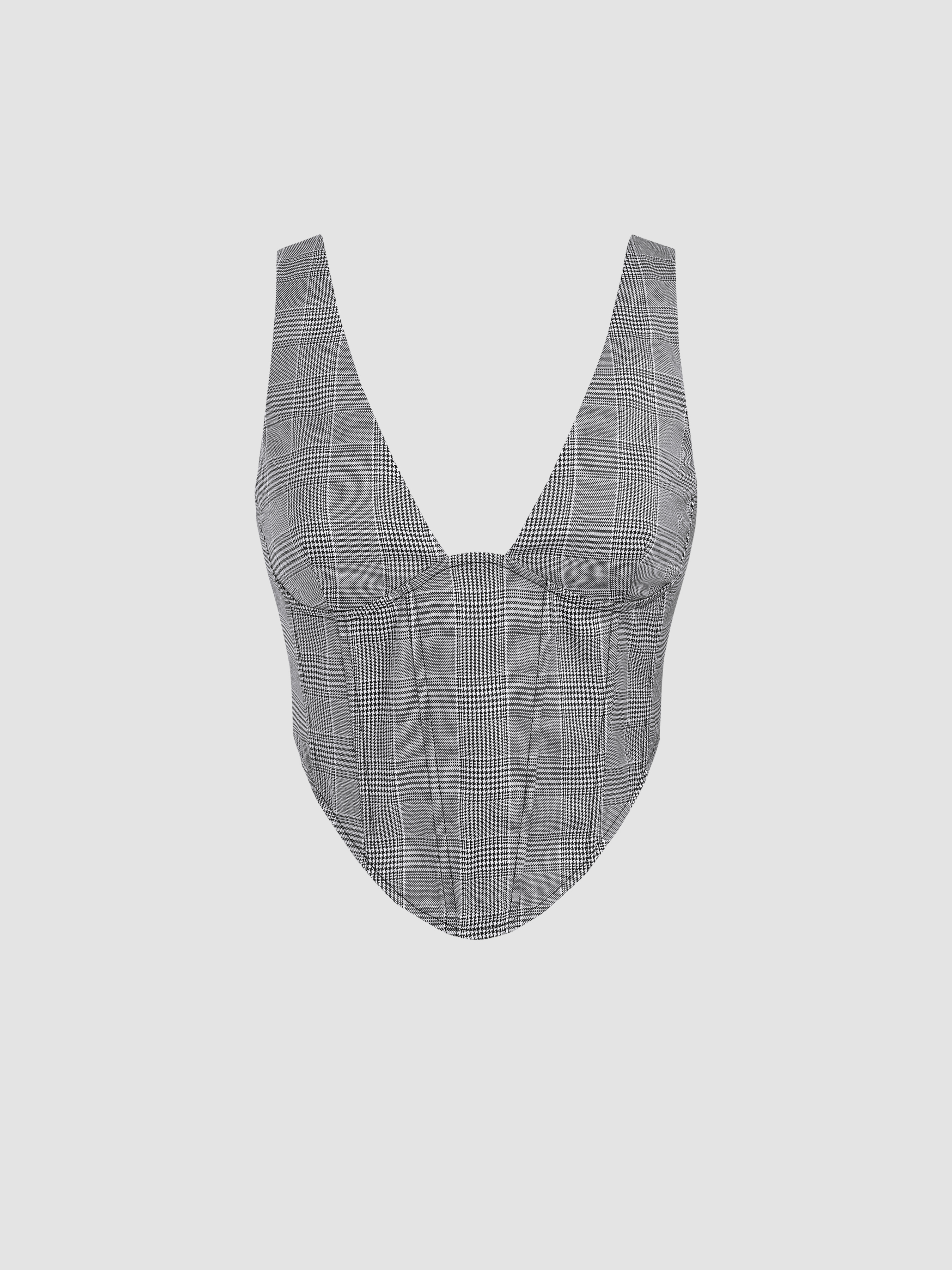 V-neck Check Zipper Crop Vest For Daily Casual