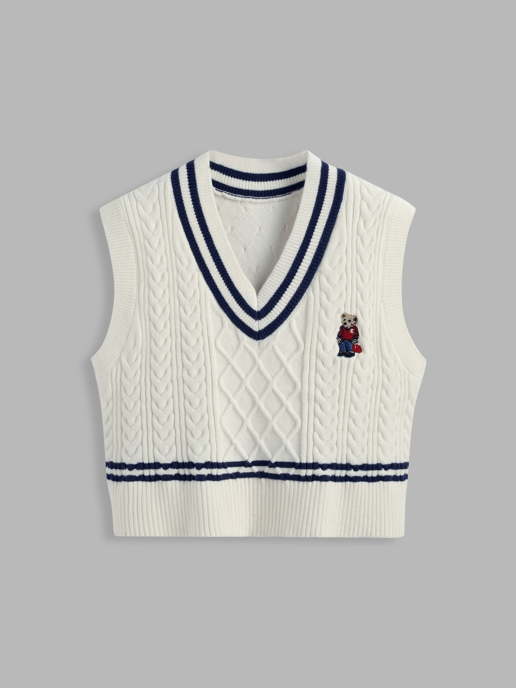 Knit Fabric Cable Knit V-neck Animal Contrasting Binding Crop Vest For ...