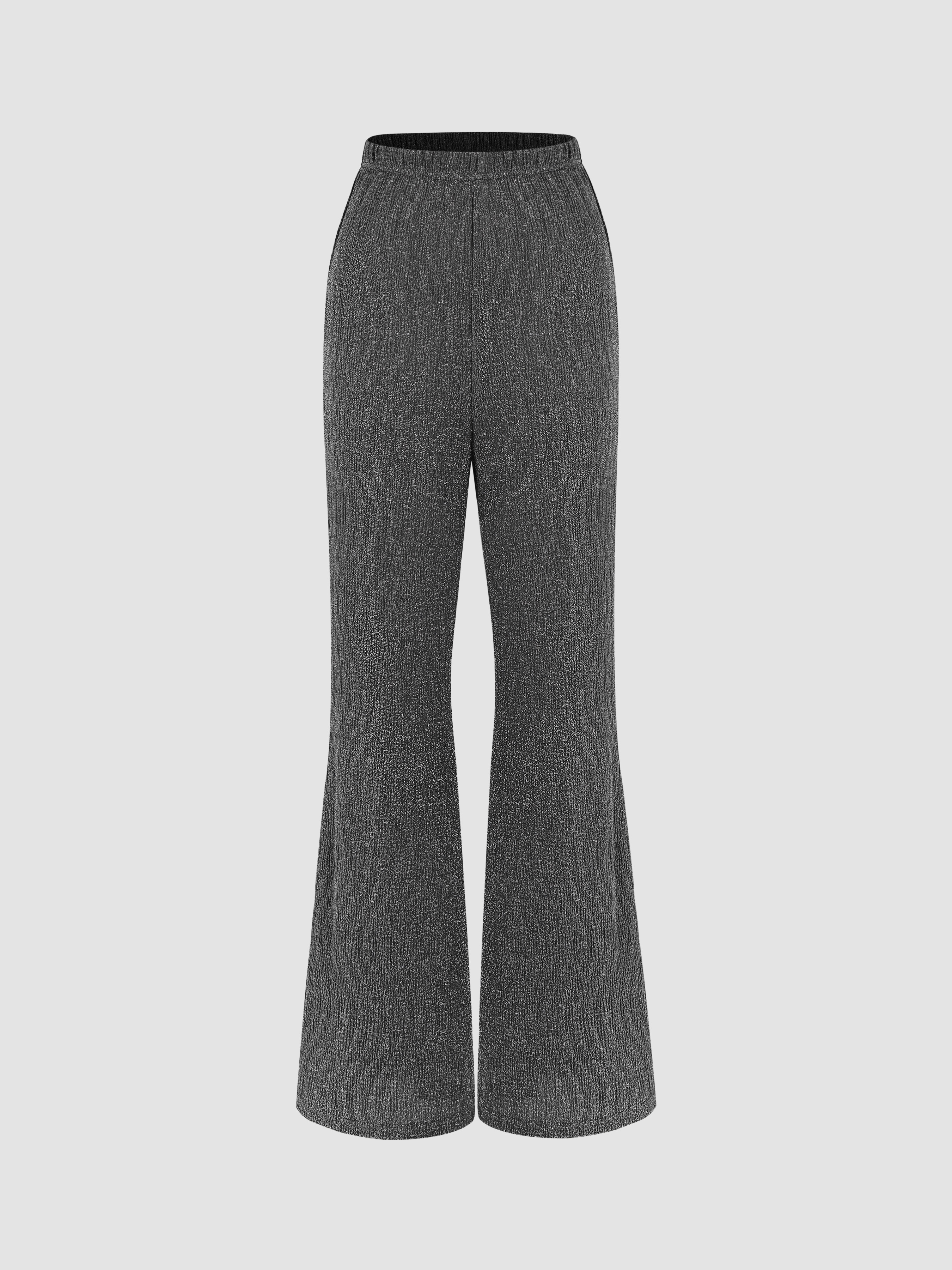 Metallic Middle Waist Solid Elastic Waist Flared Trousers For Daily ...
