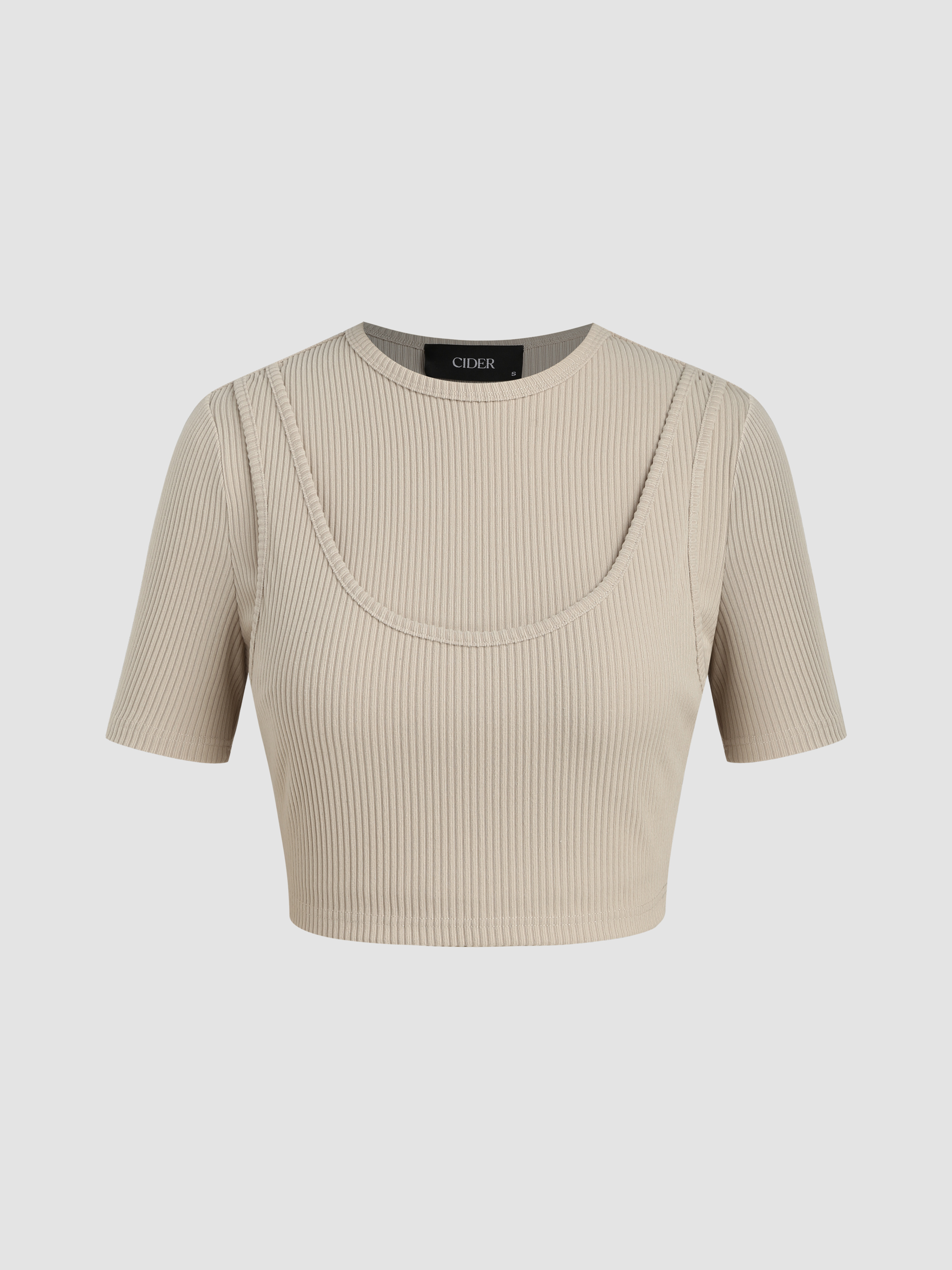 Faux Two-piece Round Neck Rib Knit Crop Top - Cider