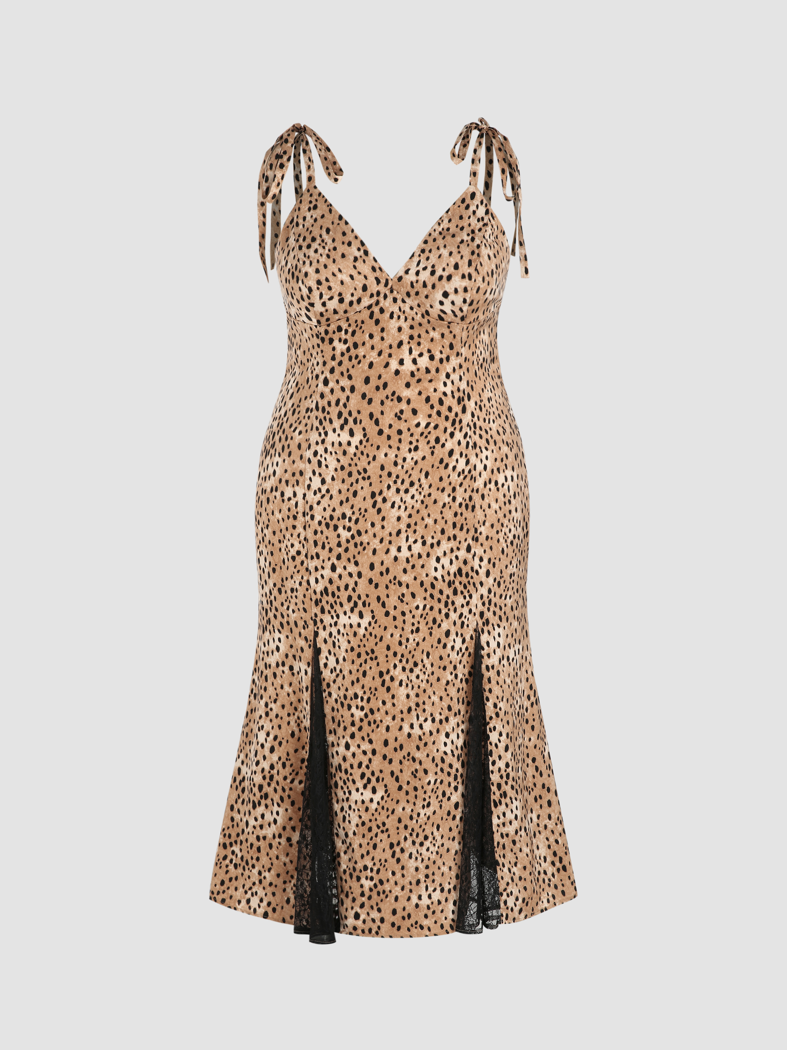 Tie Shoulder Leopard Print Lace Detail Maxi Dress Curve & Plus - Cider