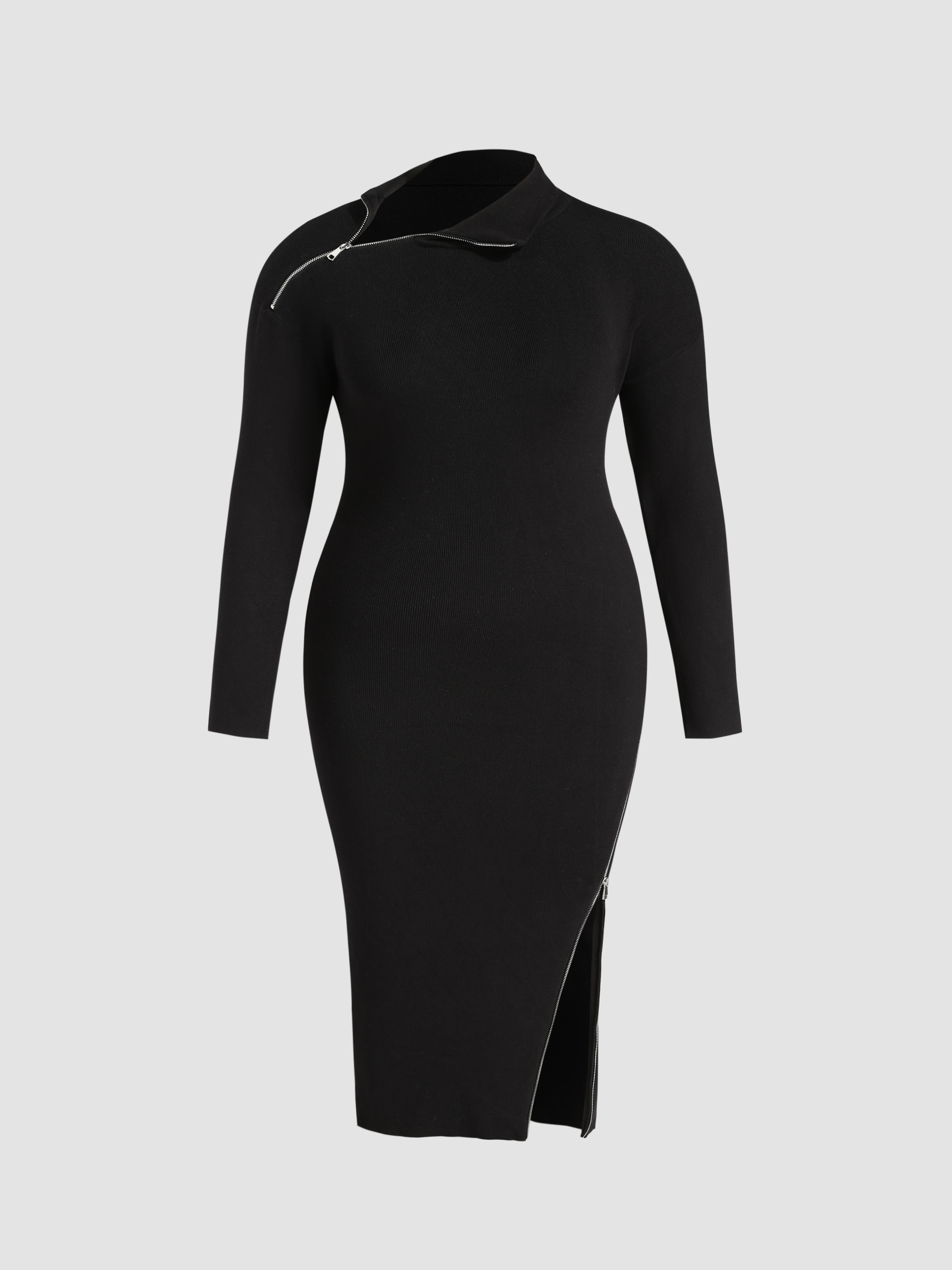 Knit Fabric Knit High Neck Solid Zipper Split Midi Dress Curve & Plus ...