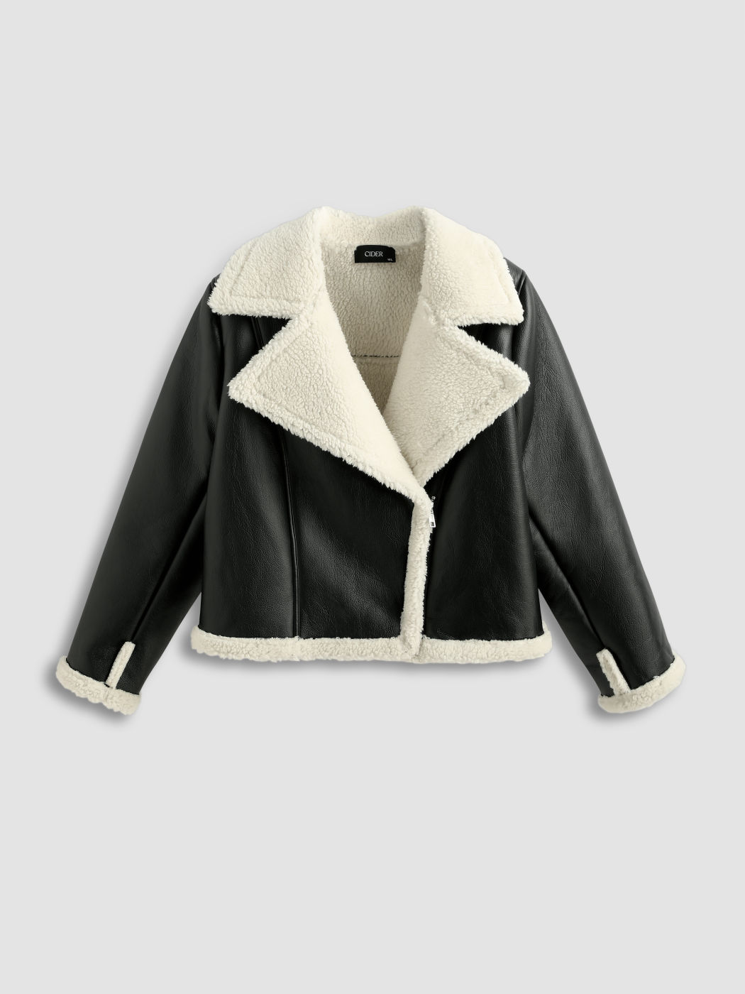 Faux Shearling Fleece Drop Shoulder Zipper Biker Jacket Curve & Plus For Daily Casual