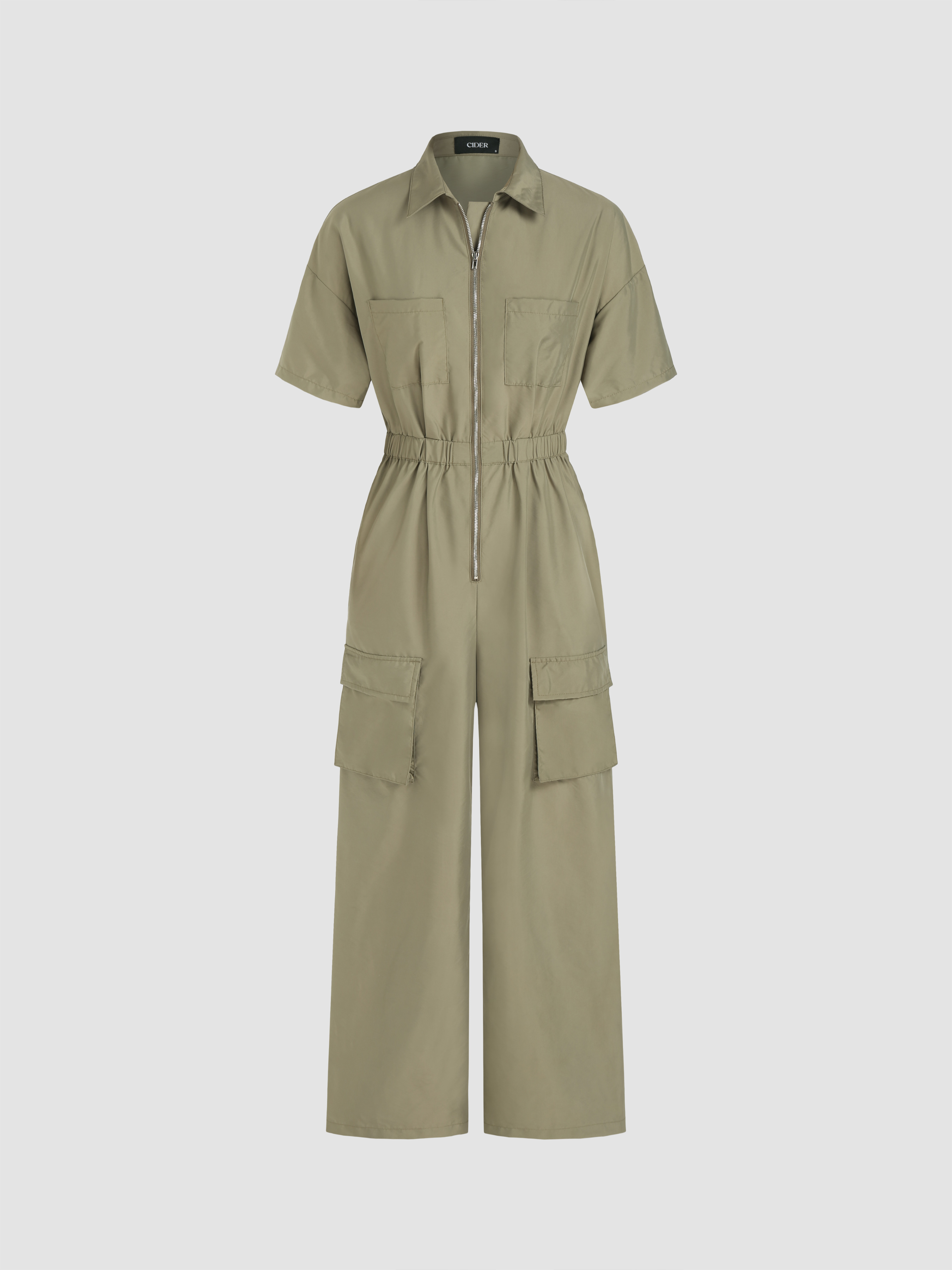Collar Solid Cargo Jumpsuit With Belt For Daily Casual Outdoor