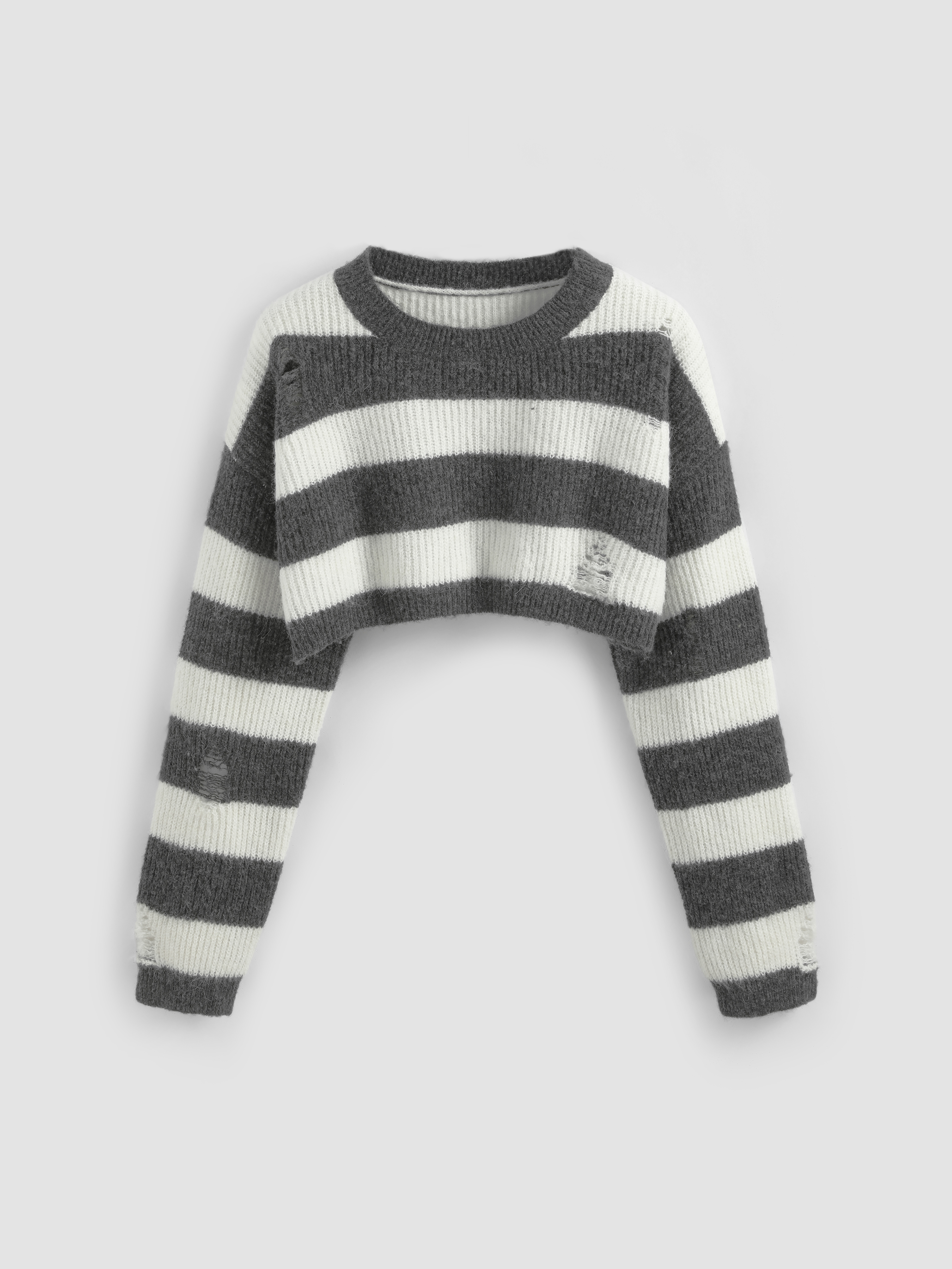 Knit Fabric Round Neck Striped Ripped Knit Long Sleeve Crop Sweater For ...