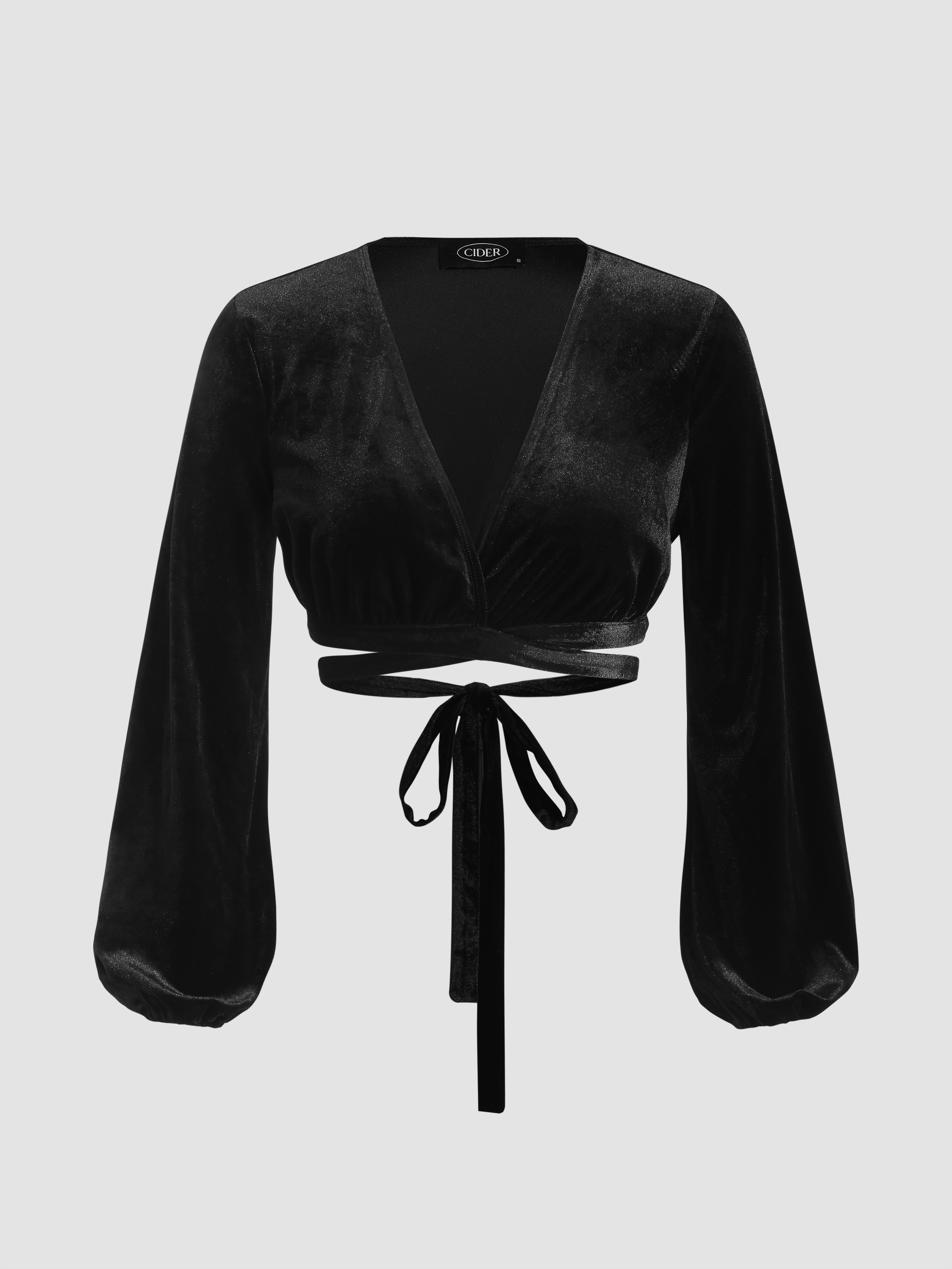 Velvet V-neck Solid Drawstring Knotted Long Sleeve Crop Top For Daily ...