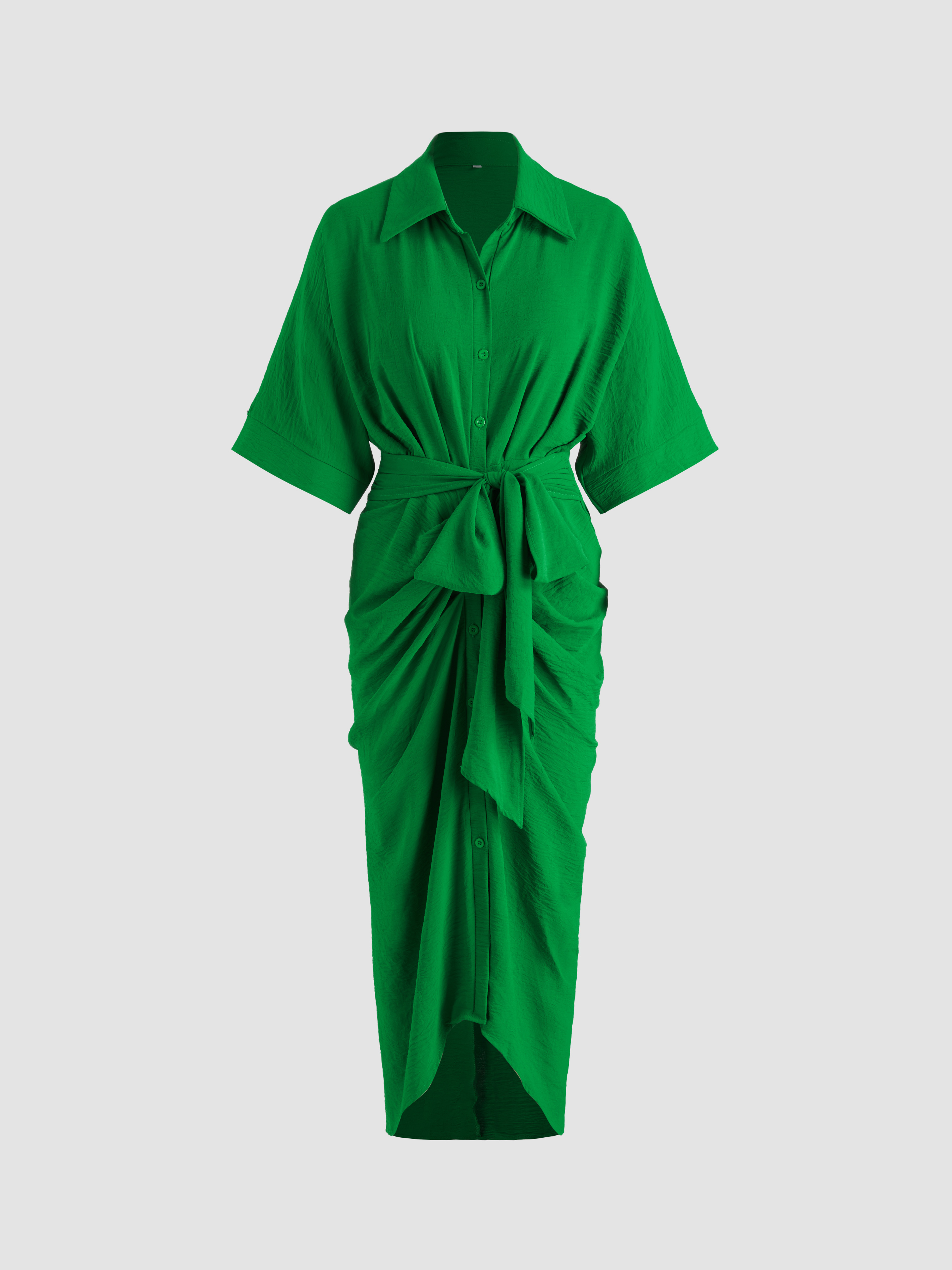 Collar Solid Ruched Bowknot Shirt Maxi Dress - Cider