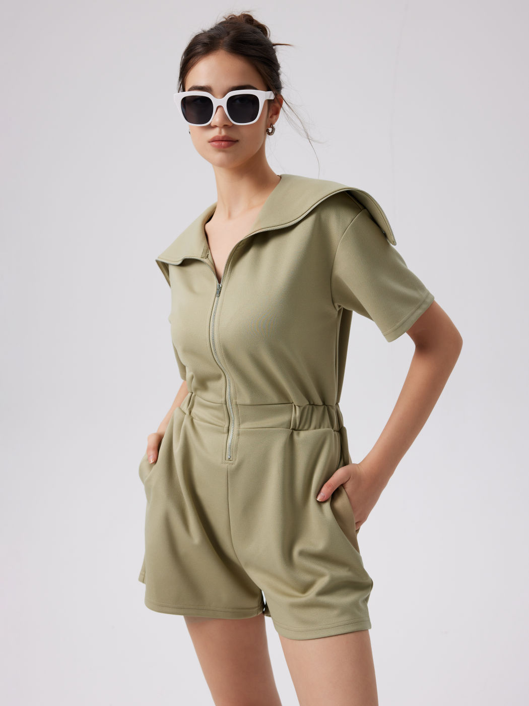 Knit Fabric Collar Solid Zipper Romper For Daily Casual Picnic