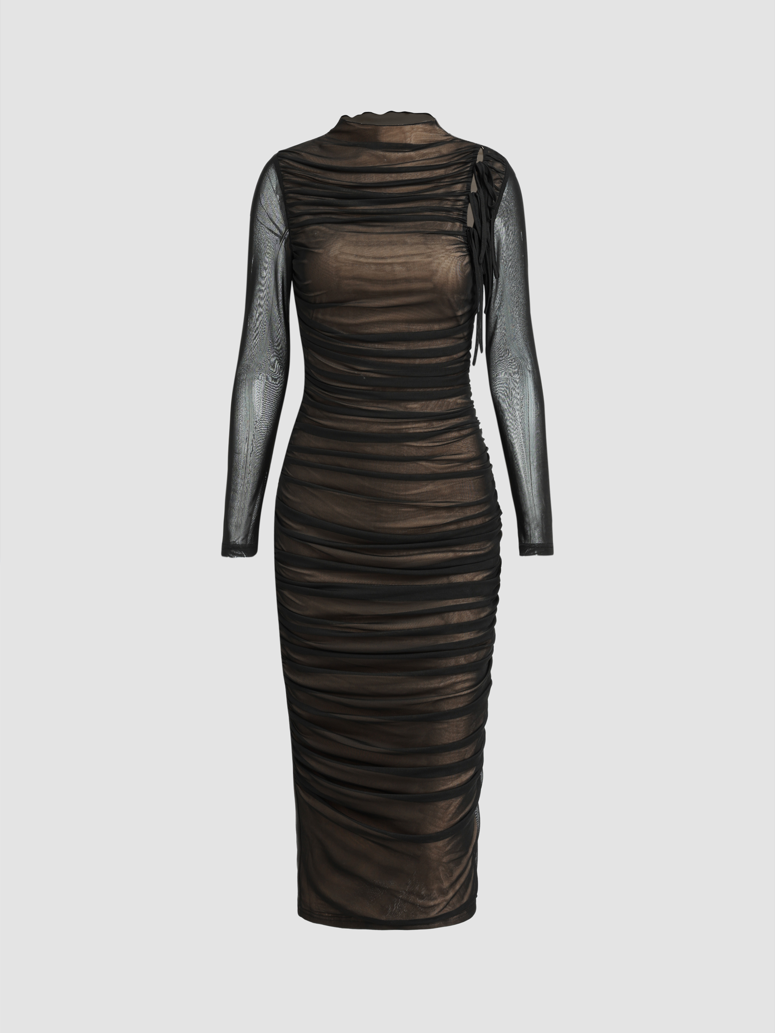 Mesh Round Neckline Ruched Midi Dress For Date Party/Clubbing Coffee Shop