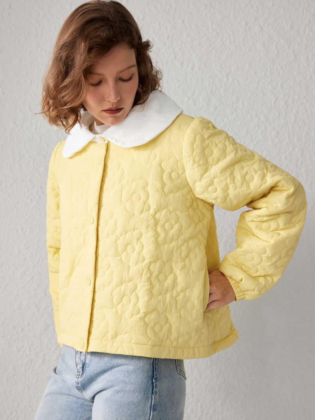 Collar Floral Button Puffer Jacket For School Daily Casual