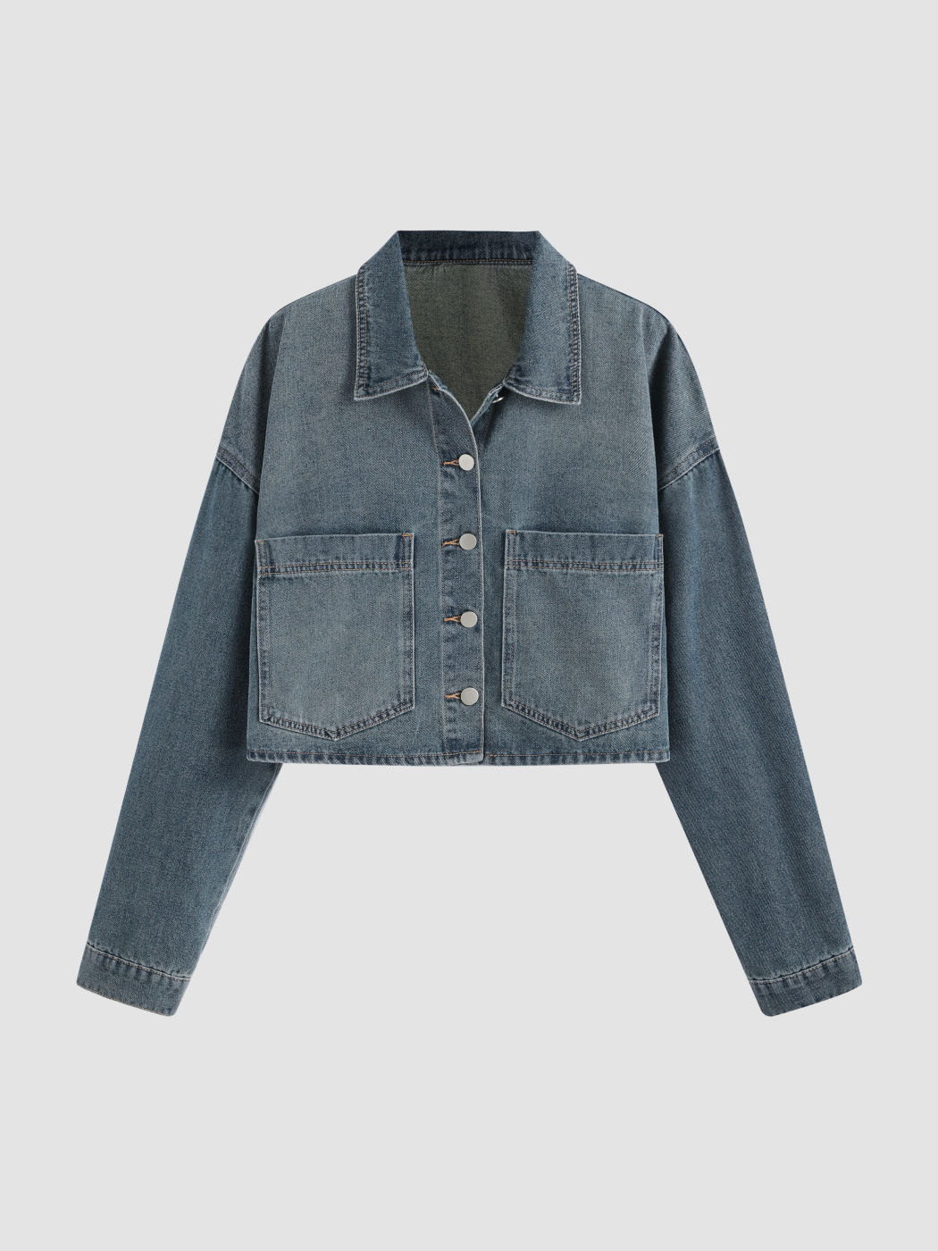Denim Collar Solid Button Crop Jacket For School Daily Casual