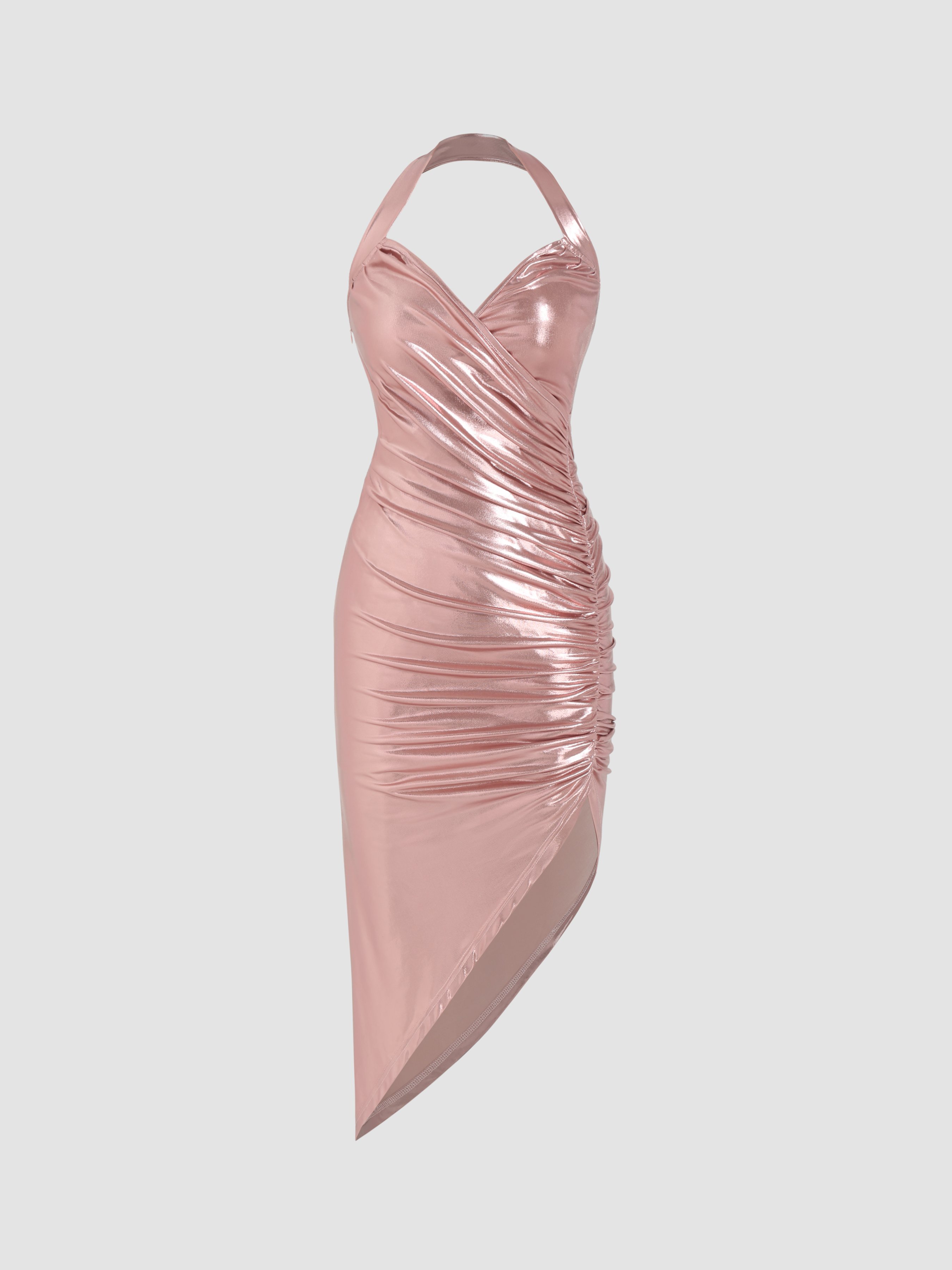 Metallic Halter Neck Asymmetrical Ruched Dress - Cider