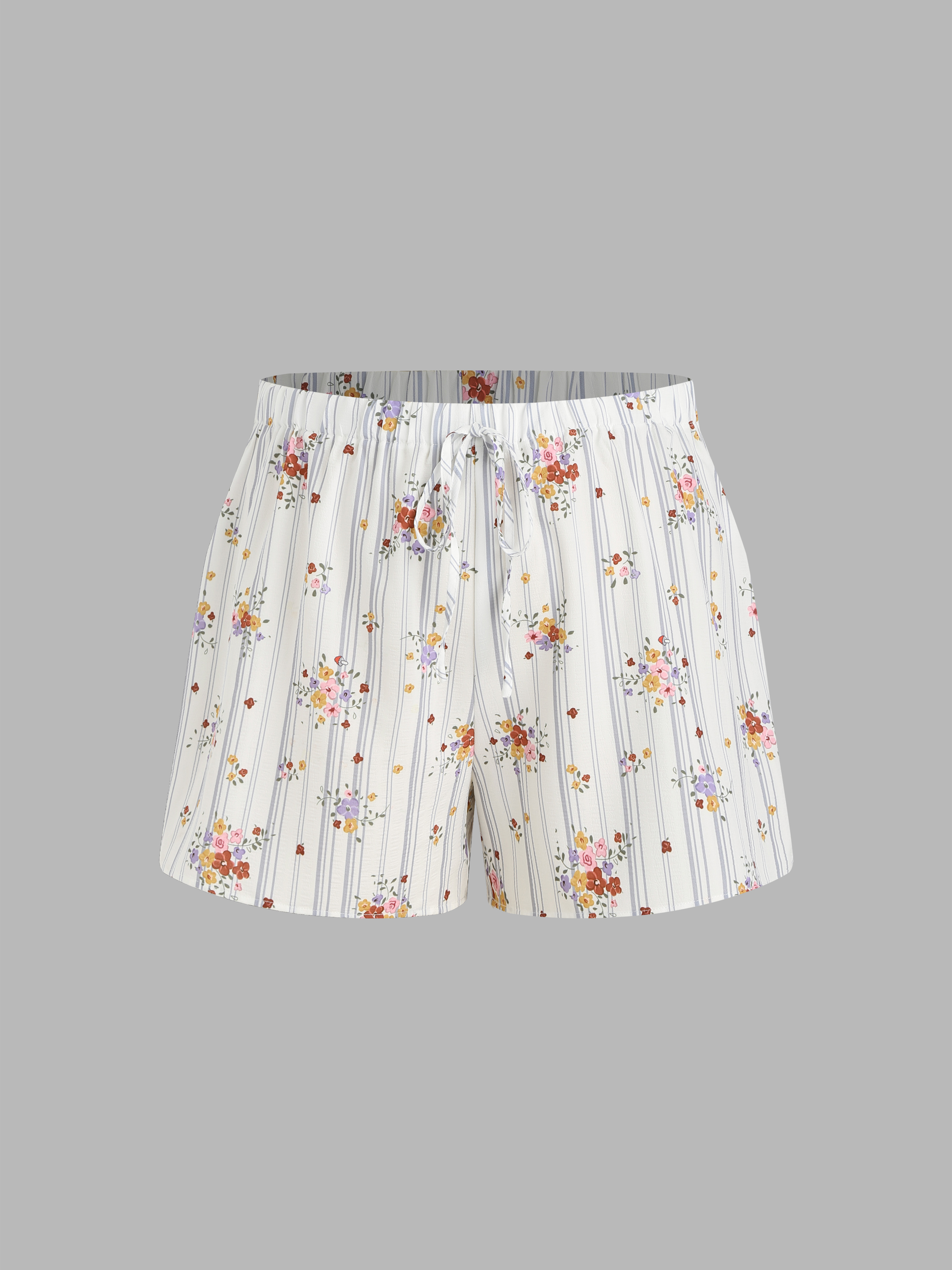 Middle Waist Floral Stripe Loungewear Shorts Curve & Plus For Home