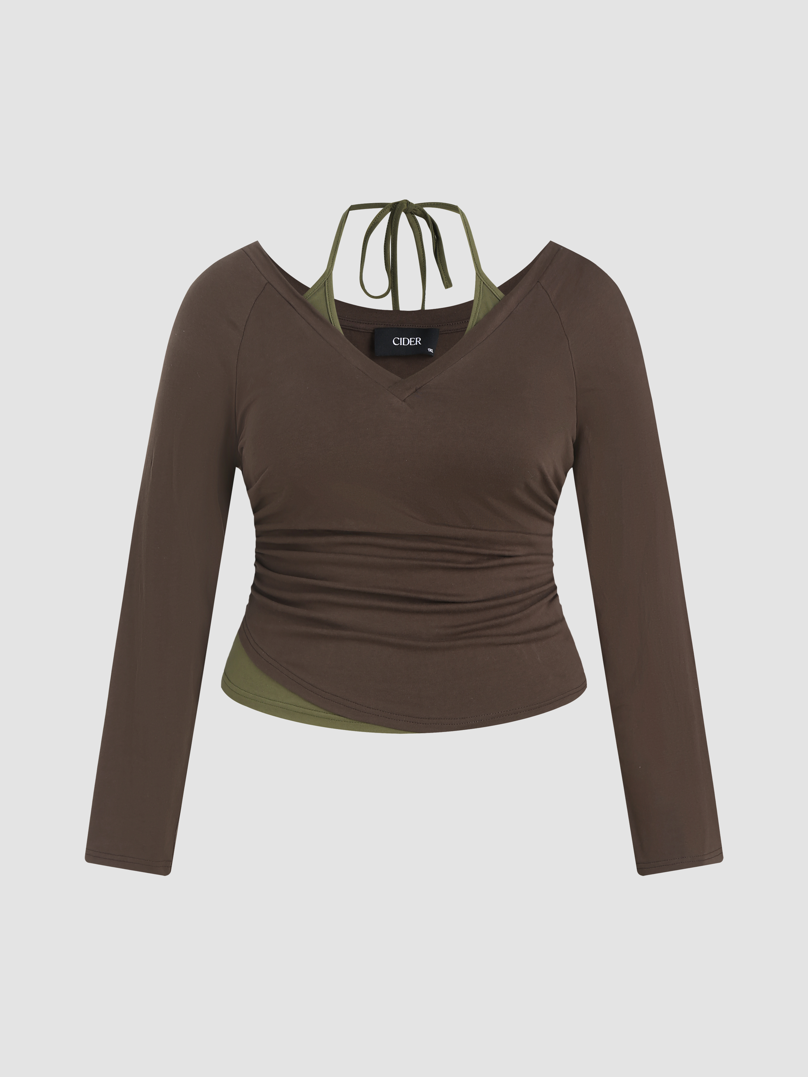 Halter Patchy Ruched Long Sleeve Tee Curve & Plus For School Daily Casual