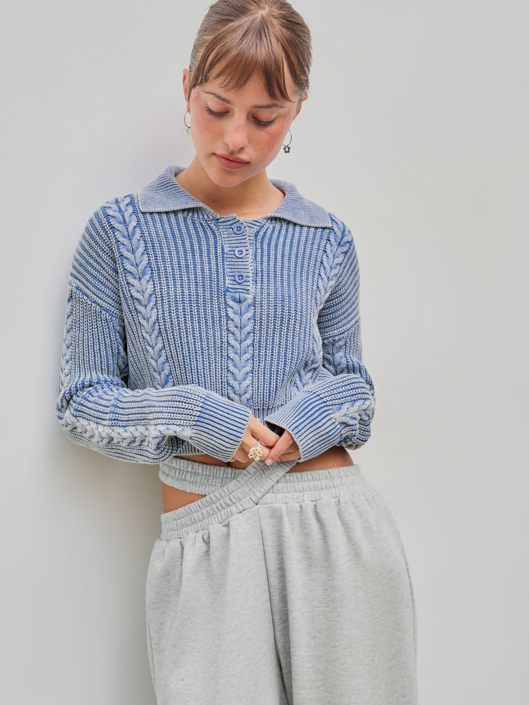 Collar Chunky Cable Knit Long Sleeve Crop Top - Cider
