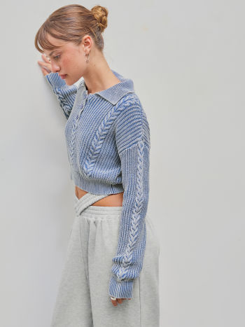 Collar Chunky Cable Knit Long Sleeve Crop Top - Cider