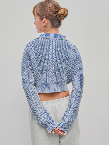 Collar Chunky Cable Knit Long Sleeve Crop Top - Cider