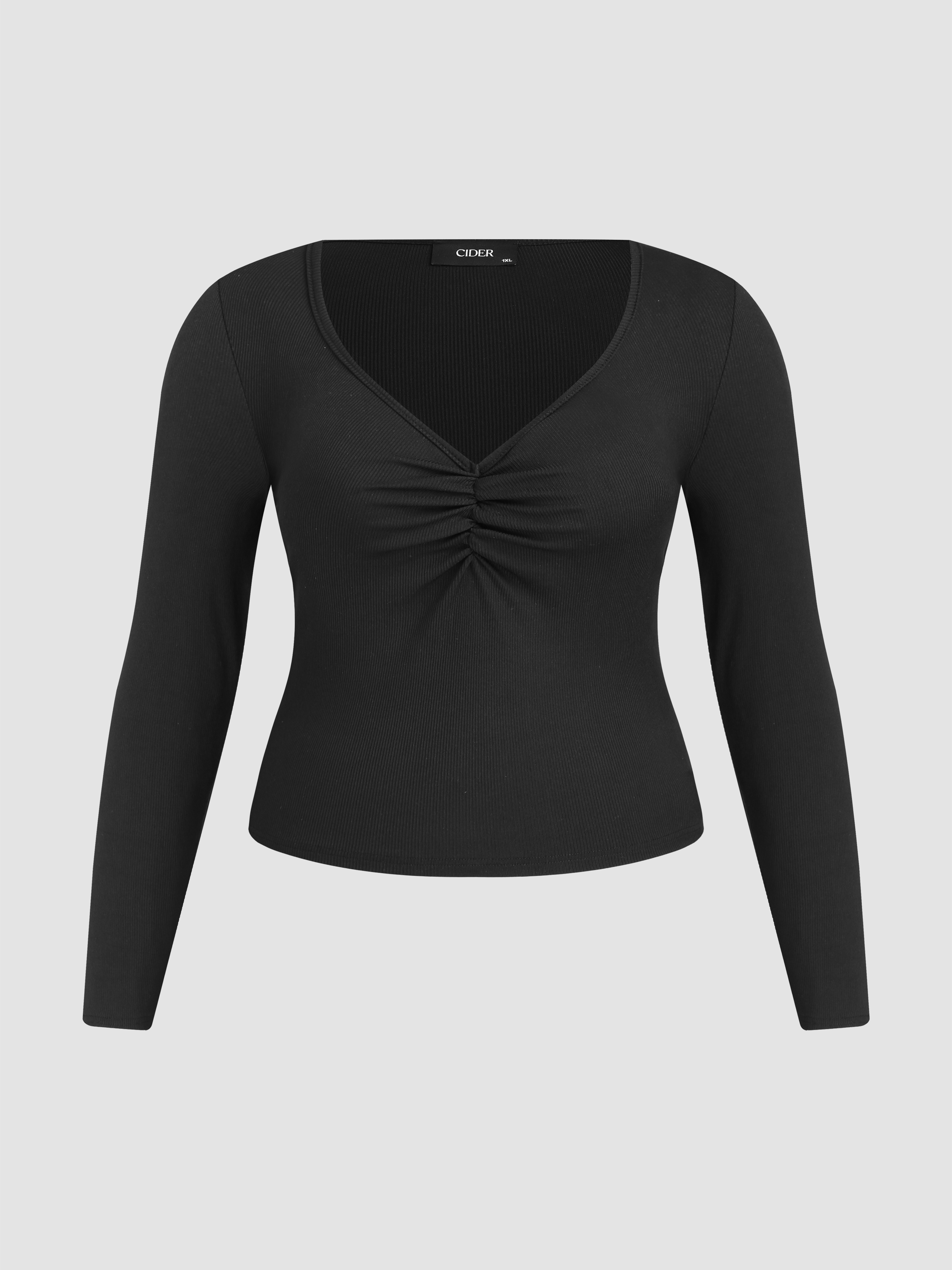 V-neck Ruched Solid Long Sleeve Tee Curve & Plus For Daily Casual