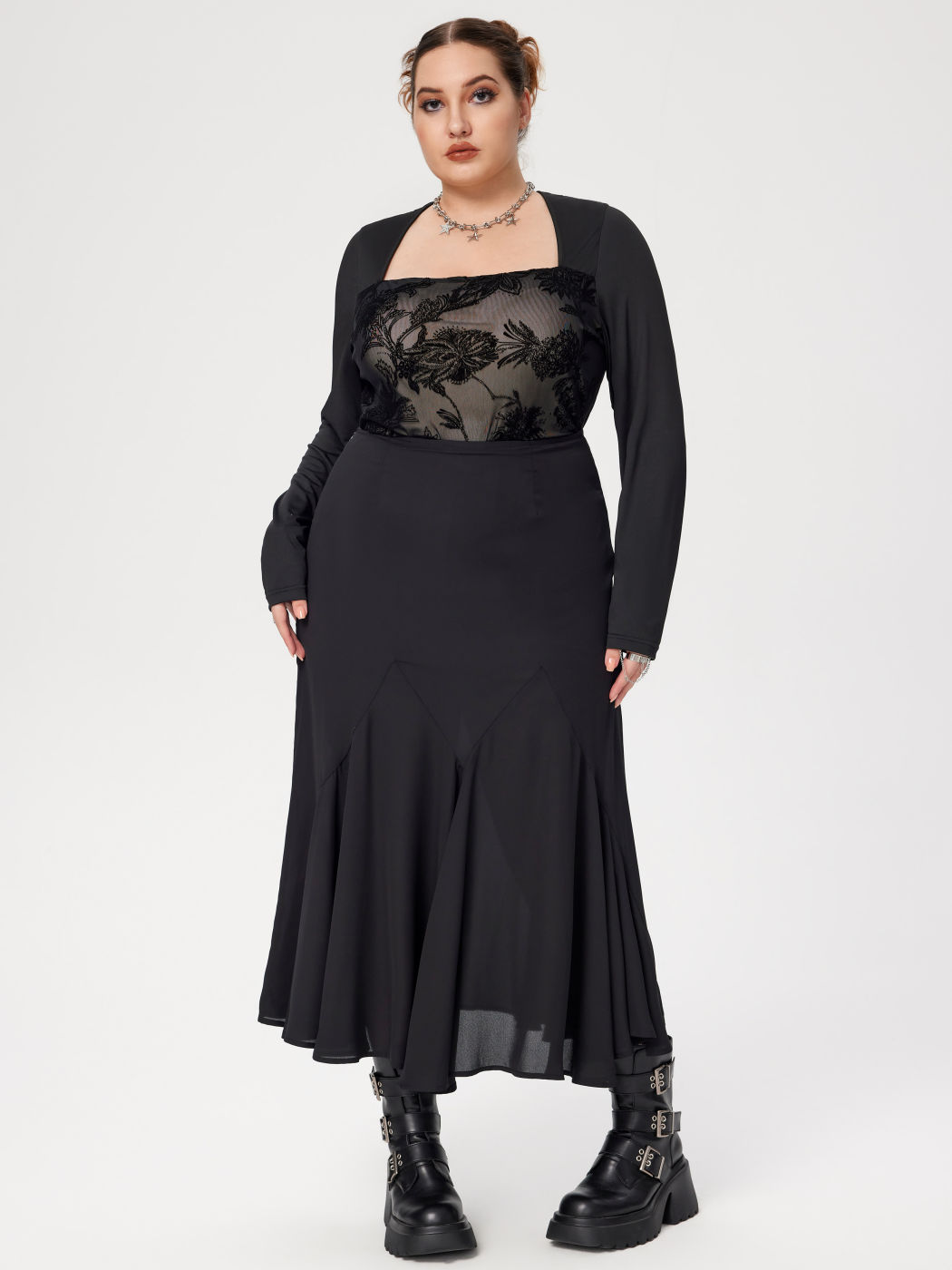 Halloween Mesh Square Neck Floral Embroidery Bodysuit Curve And Plus For