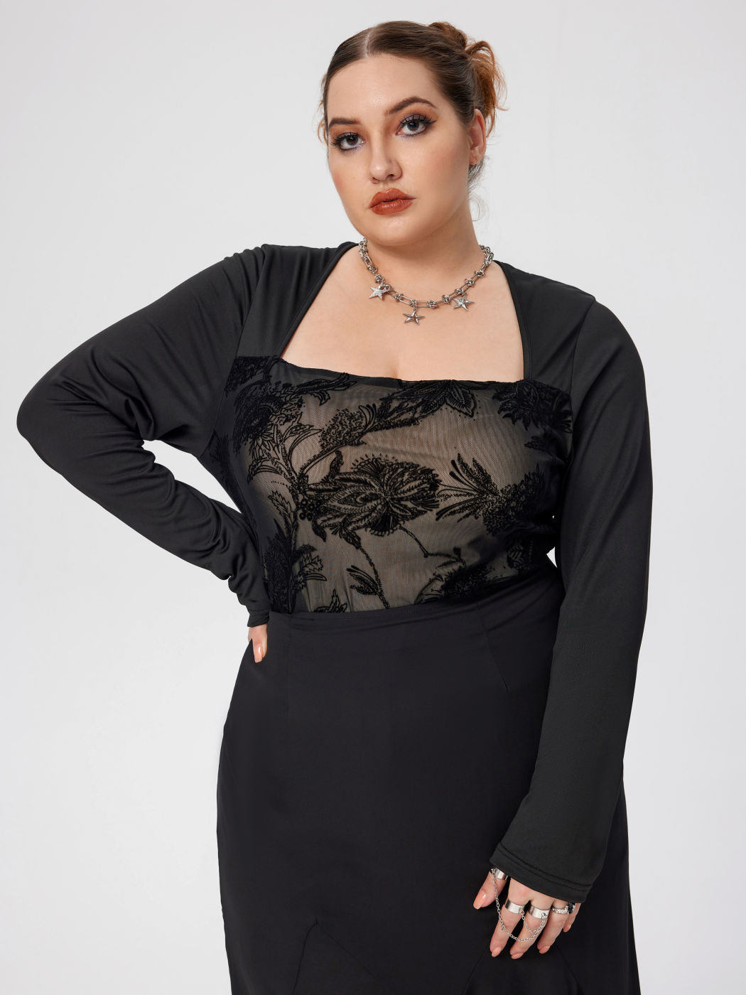 Halloween Mesh Square Neck Floral Embroidery Bodysuit Curve And Plus For
