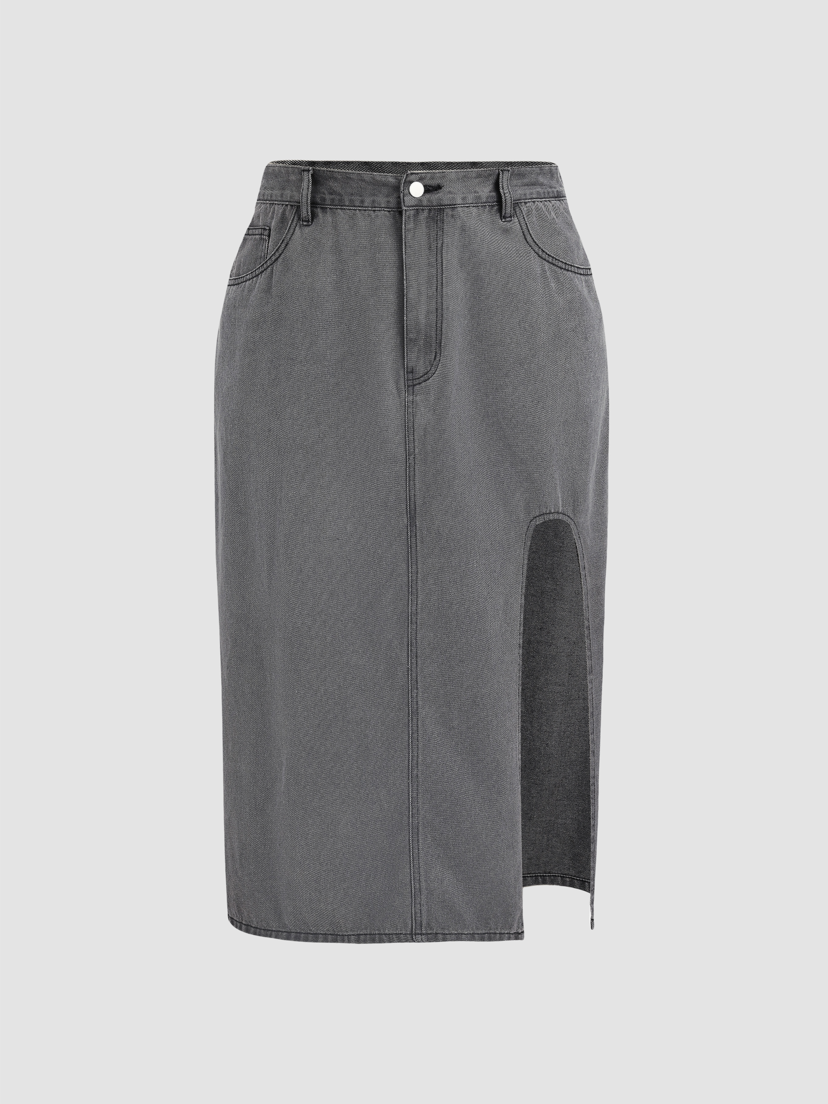 Denim Solid Split Pocket Midi Skirt Curve & Plus - Cider