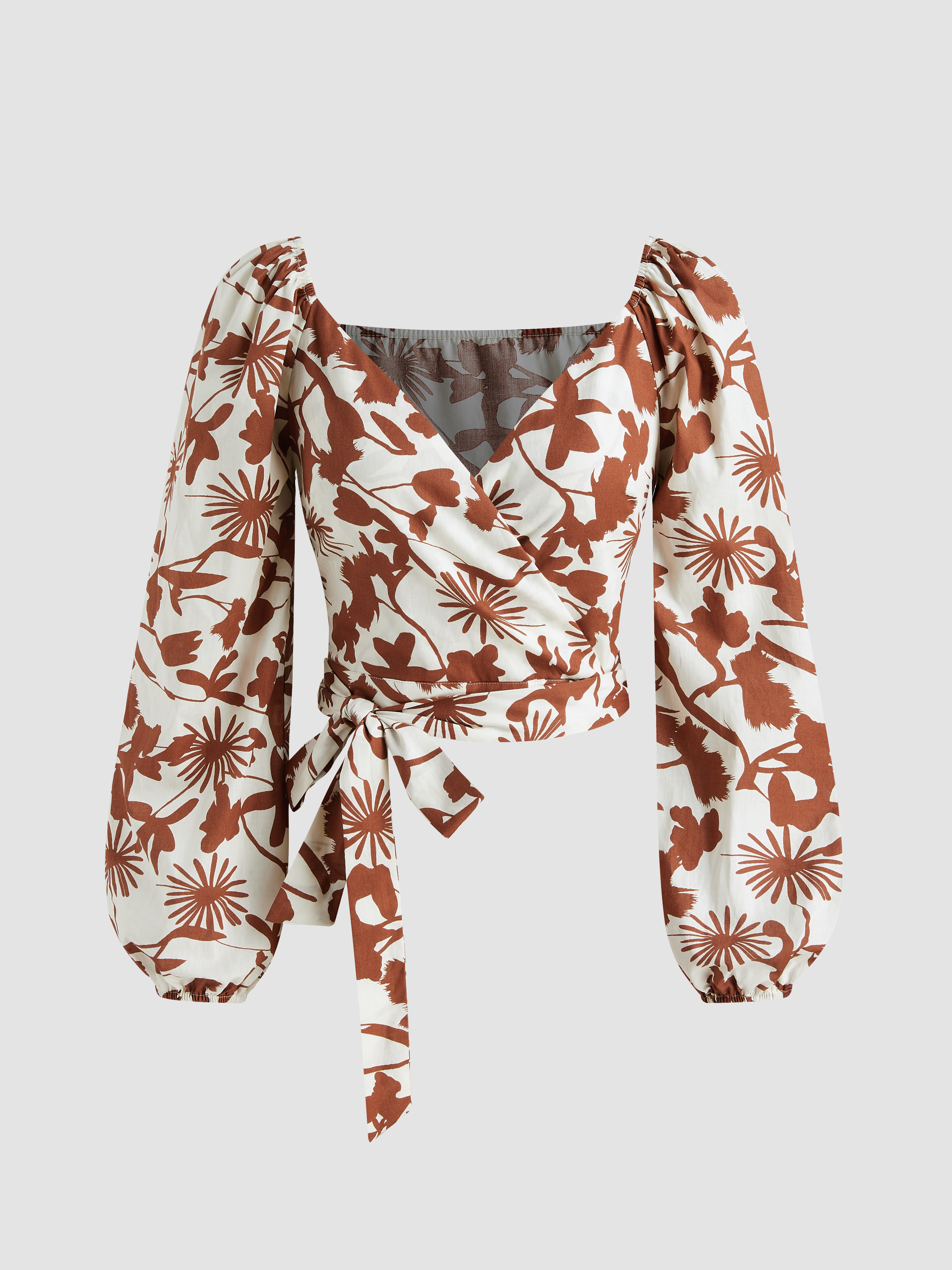 V-neck Floral Bowknot Long Sleeve Blouse - Cider