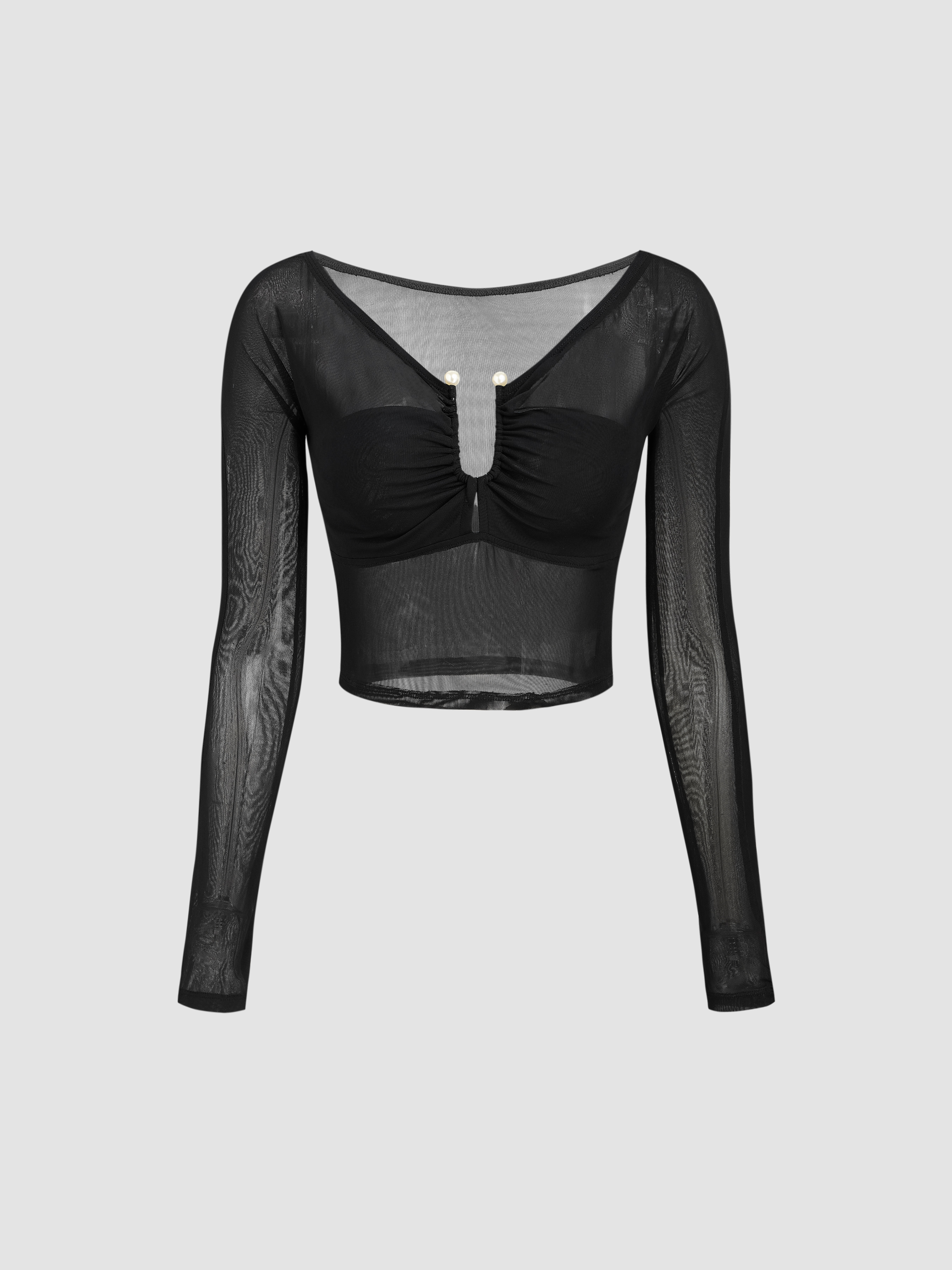 V-neck Solid Faux Pearl Long Sleeve Top - Cider