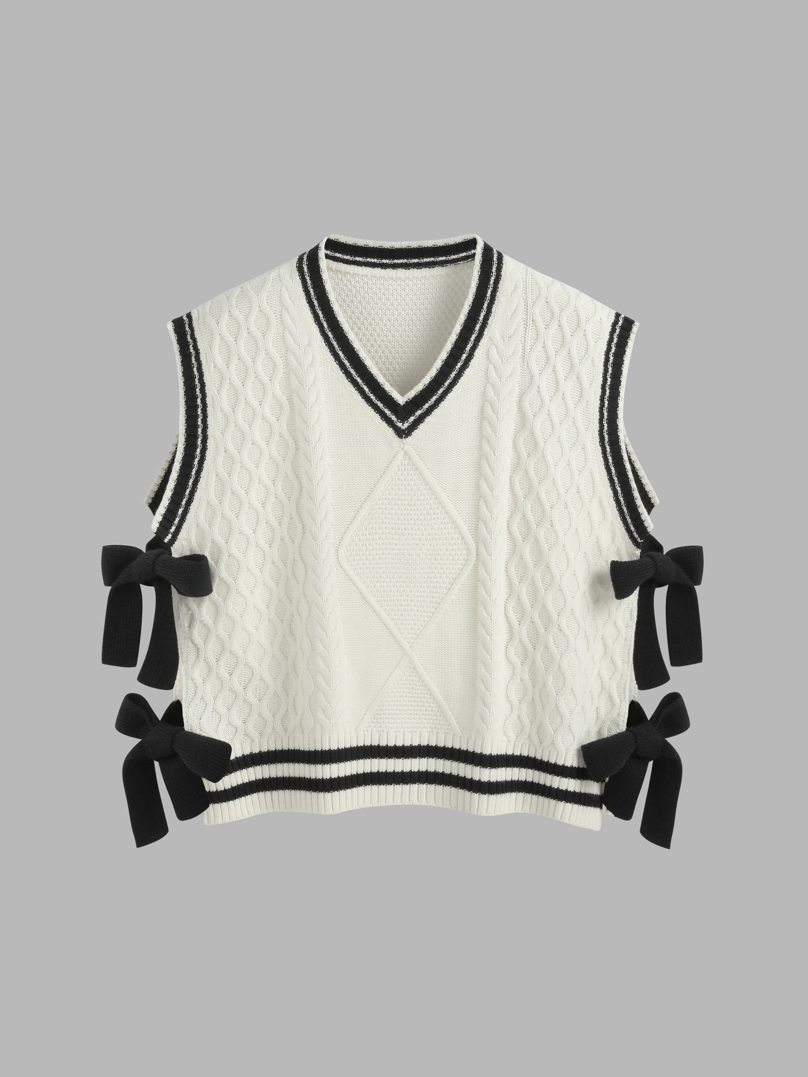 Bow Tie Jacquard V-neck Contrast Binding Bowknot Knitted Vest Curve ...