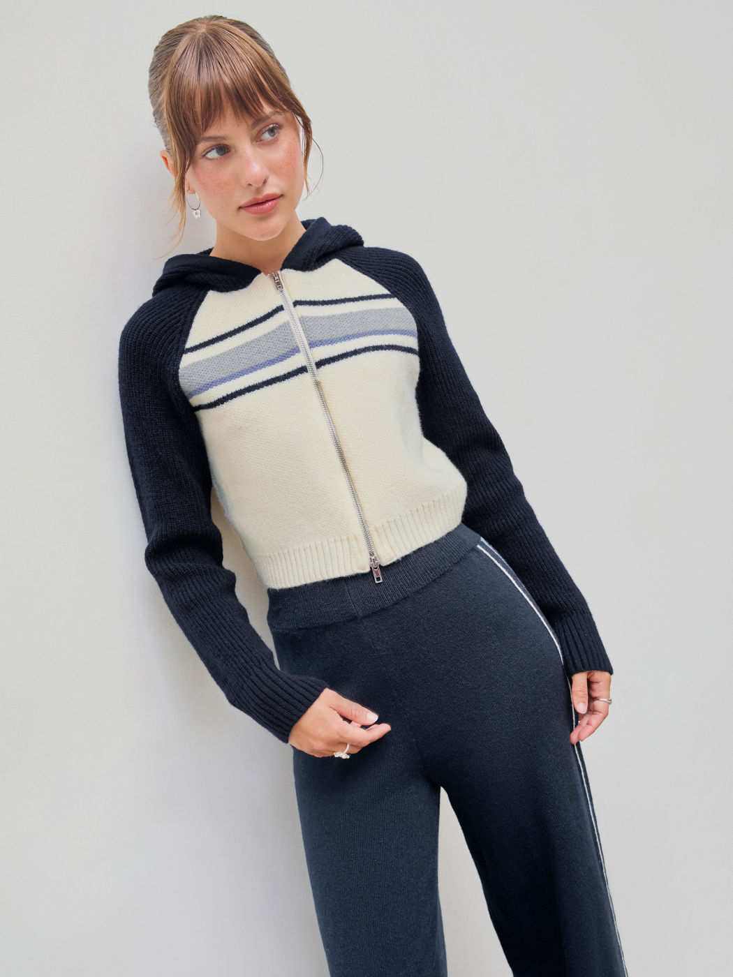 Knit Fabric Hooded Striped Zipper Knitted Patched Cardigan For School ...