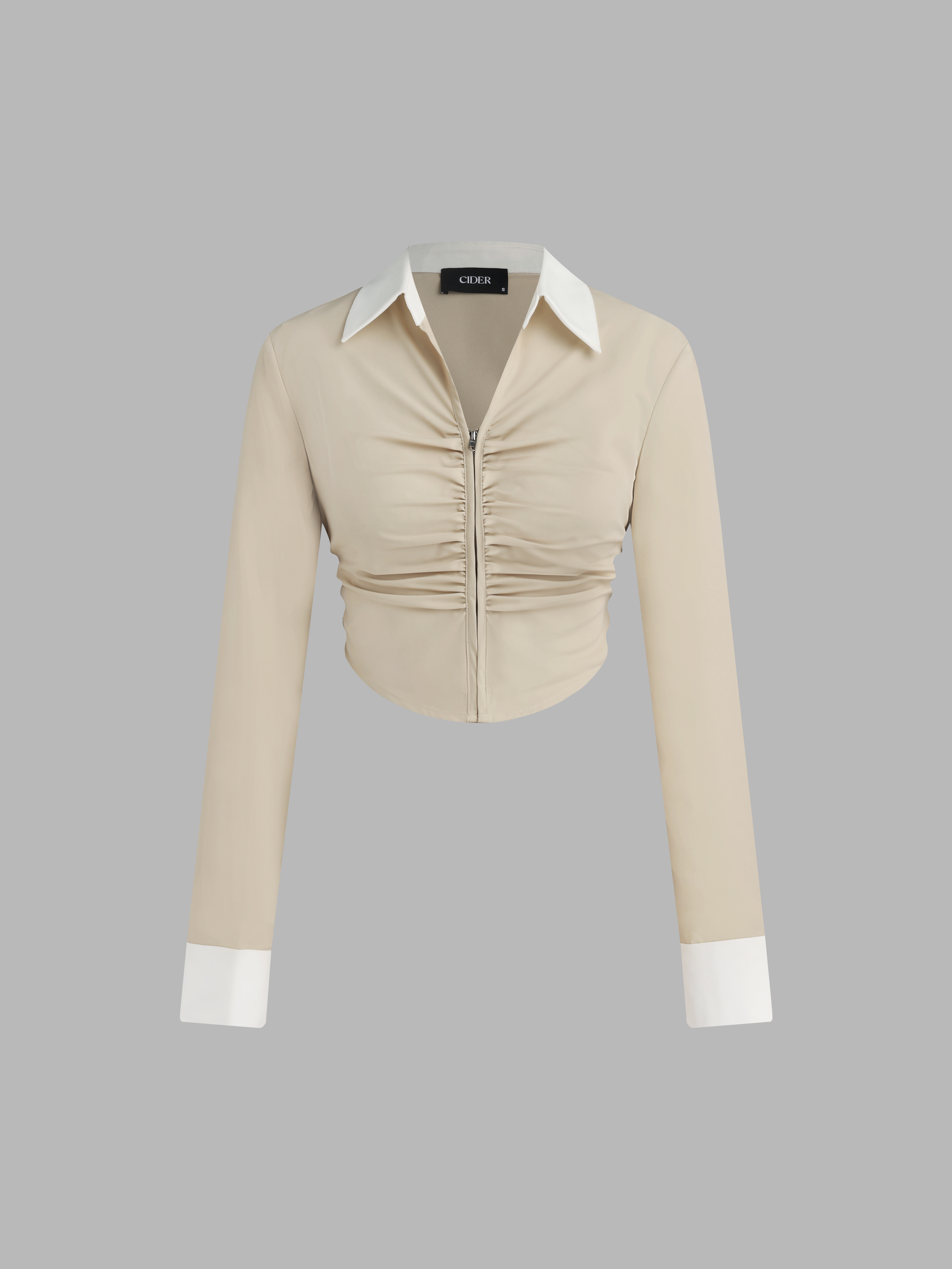 Woven Collar Solid Ruched Long Sleeve Crop Blouse For Daily Casual ...