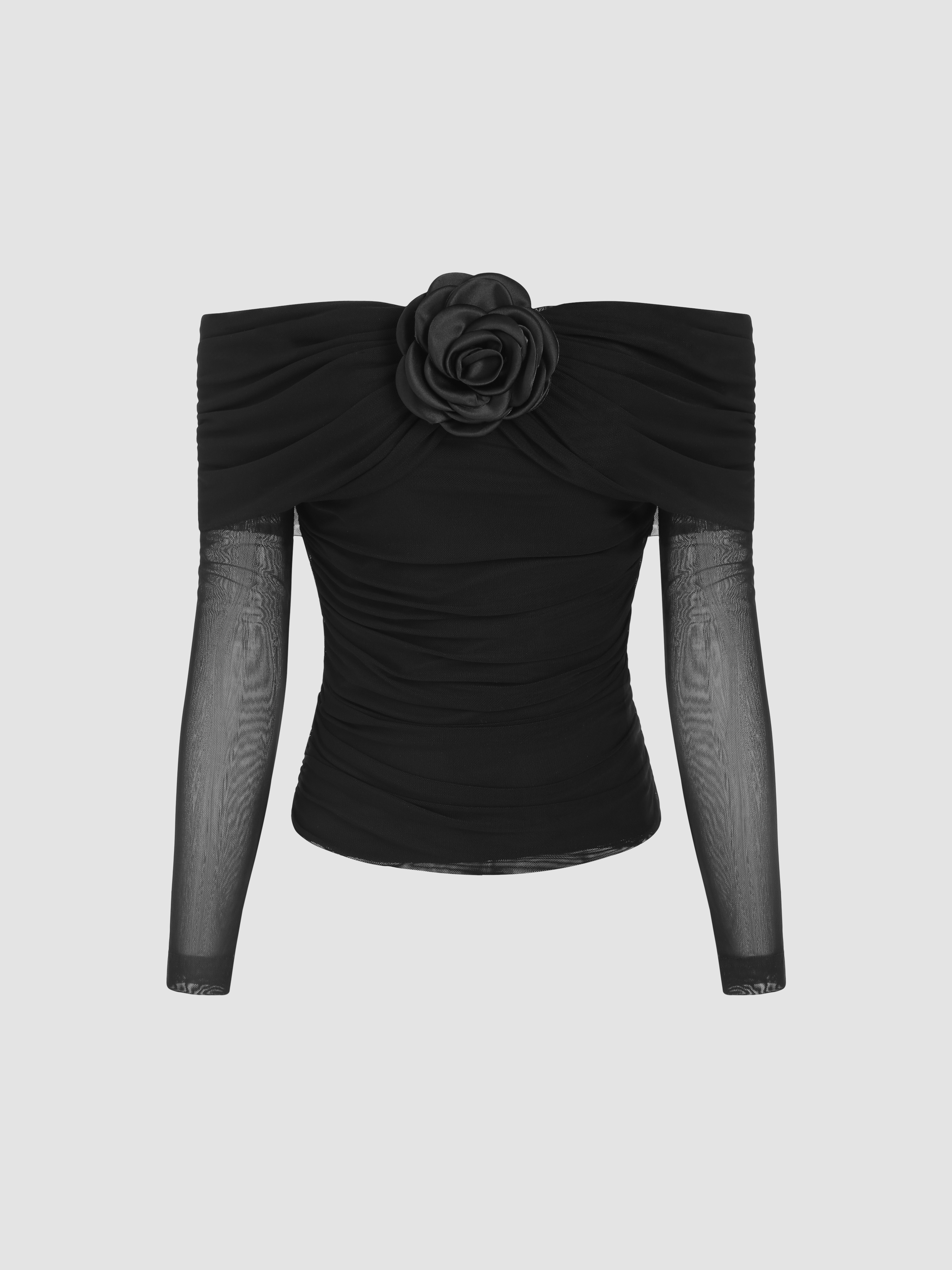 Mesh Off-shoulder Solid Rosette Long Sleeve Top For Coffee Shop Date ...