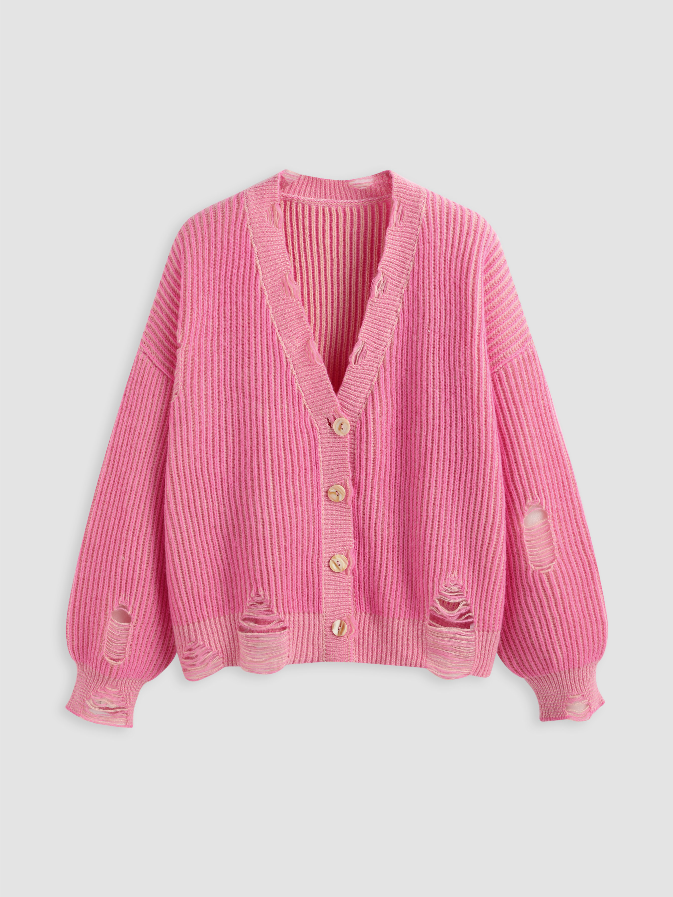 Christmas V-neck Solid Button Ripped Cardigan For Coffee Shop Daily ...