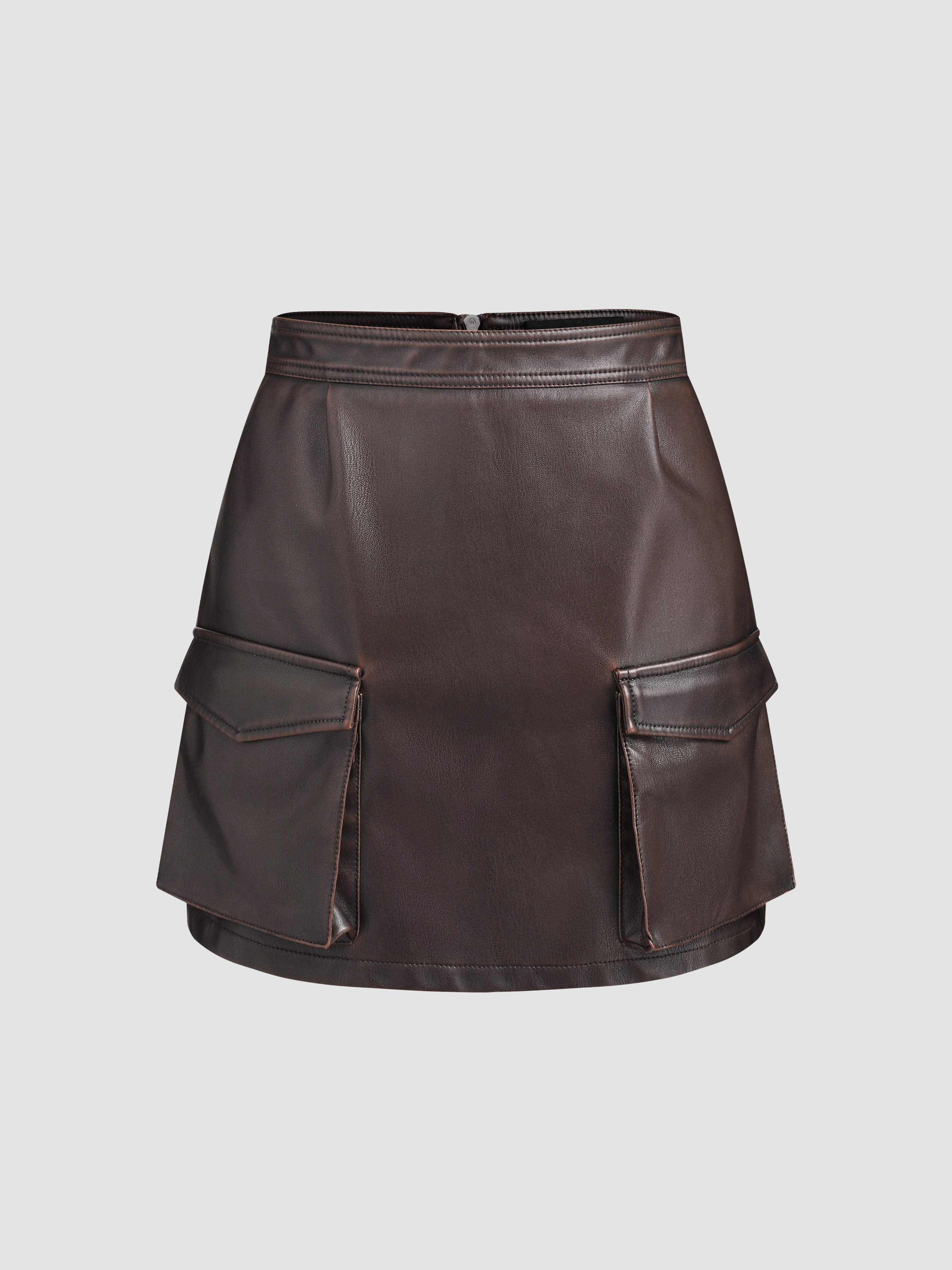 Faux Leather High Waist Solid Zipper Mini Skirt - Cider