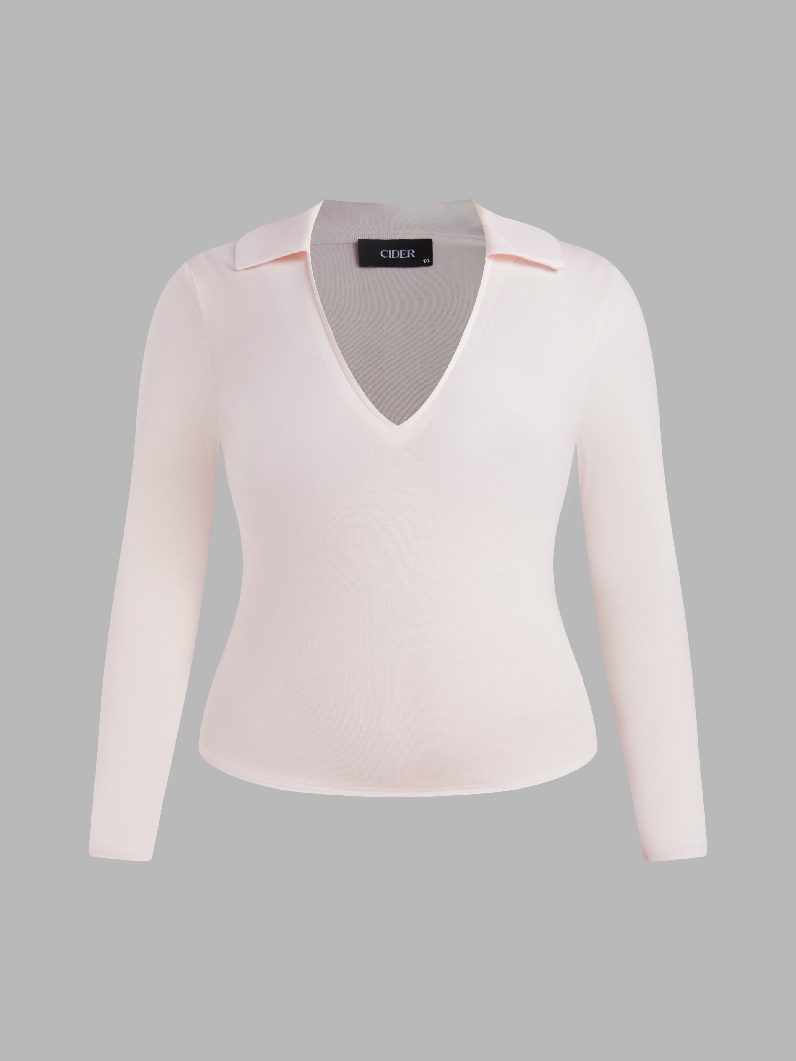 Knit Fabric V-neck Collar Long Sleeve Tee Curve & Plus For Daily Casual ...