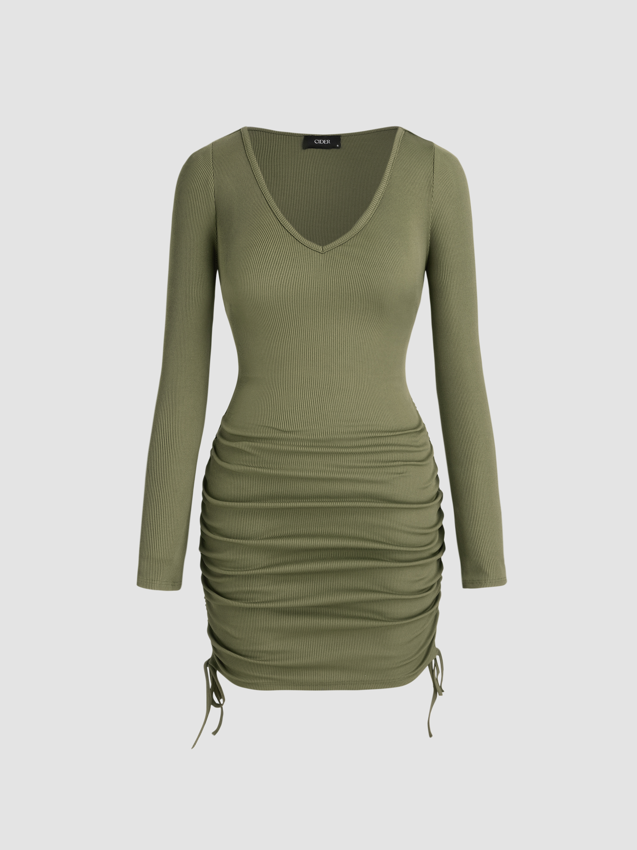 V-neck Solid Drawstring Mini Dress - Cider