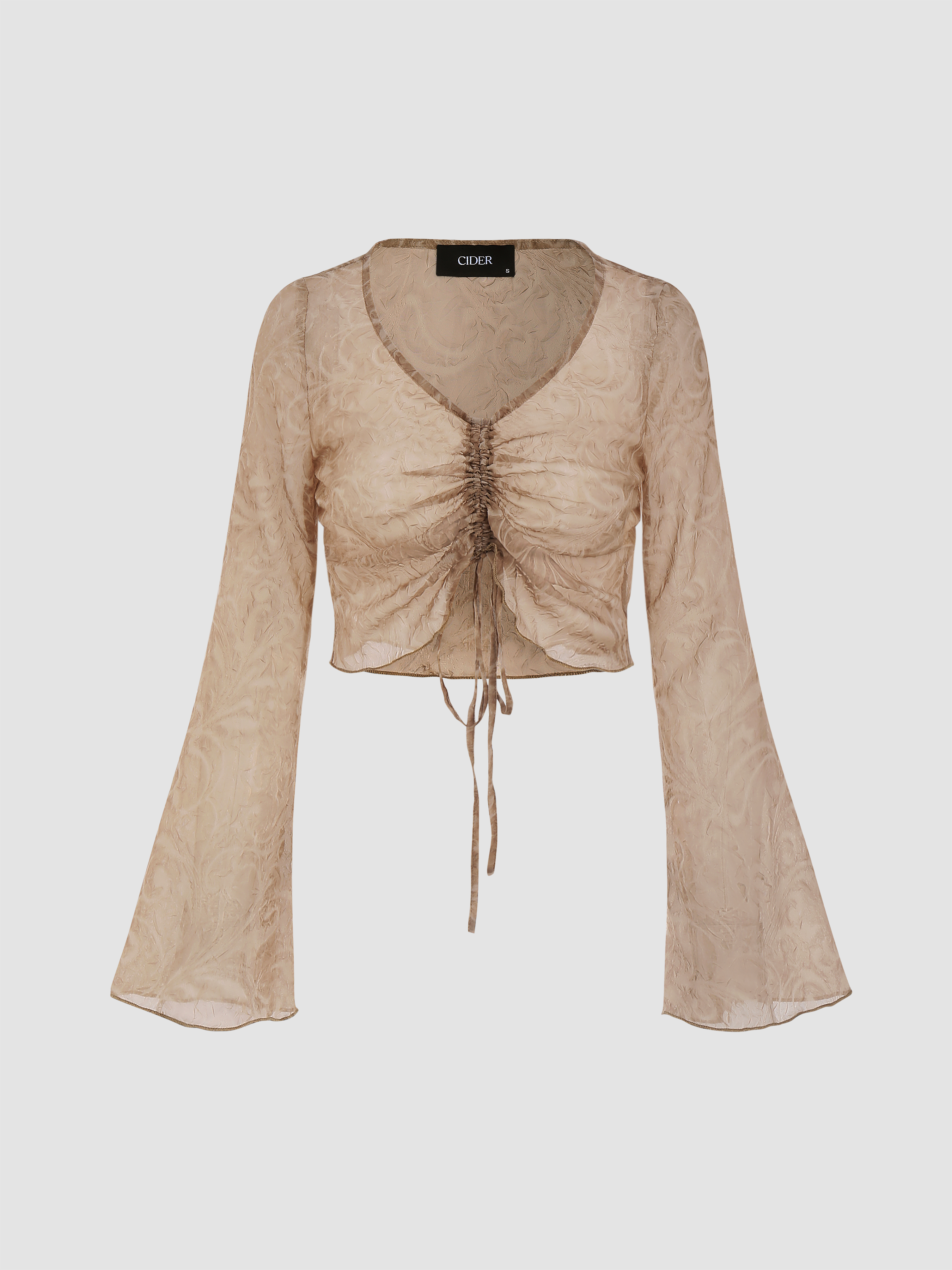 V-neck Floral Drawstring Bell Sleeve Blouse - Cider
