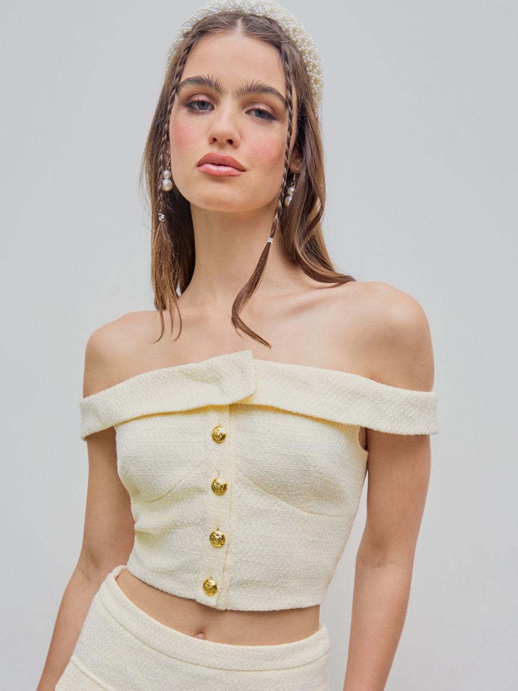 Tweed Off The Shoulder Button Top - Cider