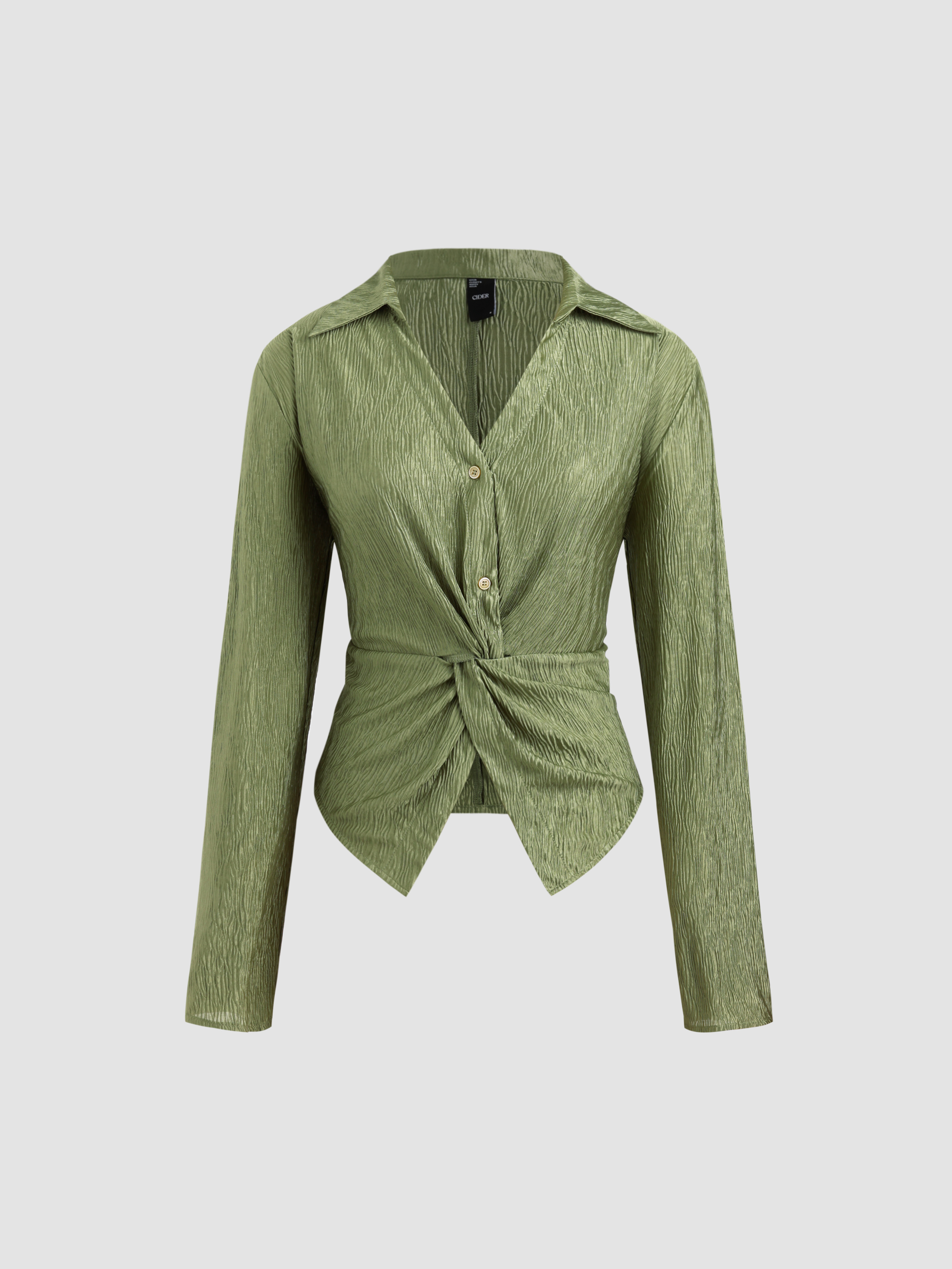 V-neck Solid Knotted Long Sleeve Blouse For Daily Casual Coffee Shop Work