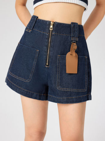 Denim Denim Mid Waist Zipper Shorts With Buckle Tag For Daily Casual