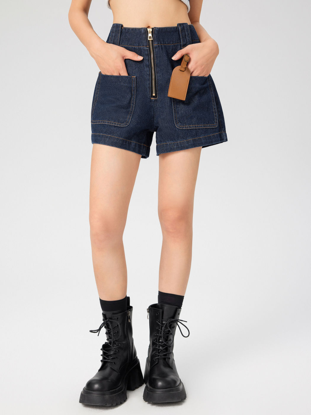 Denim Denim Mid Waist Zipper Shorts With Buckle Tag For Daily Casual