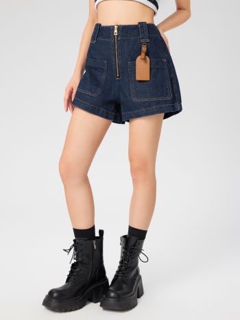 Denim Denim Mid Waist Zipper Shorts With Buckle Tag For Daily Casual