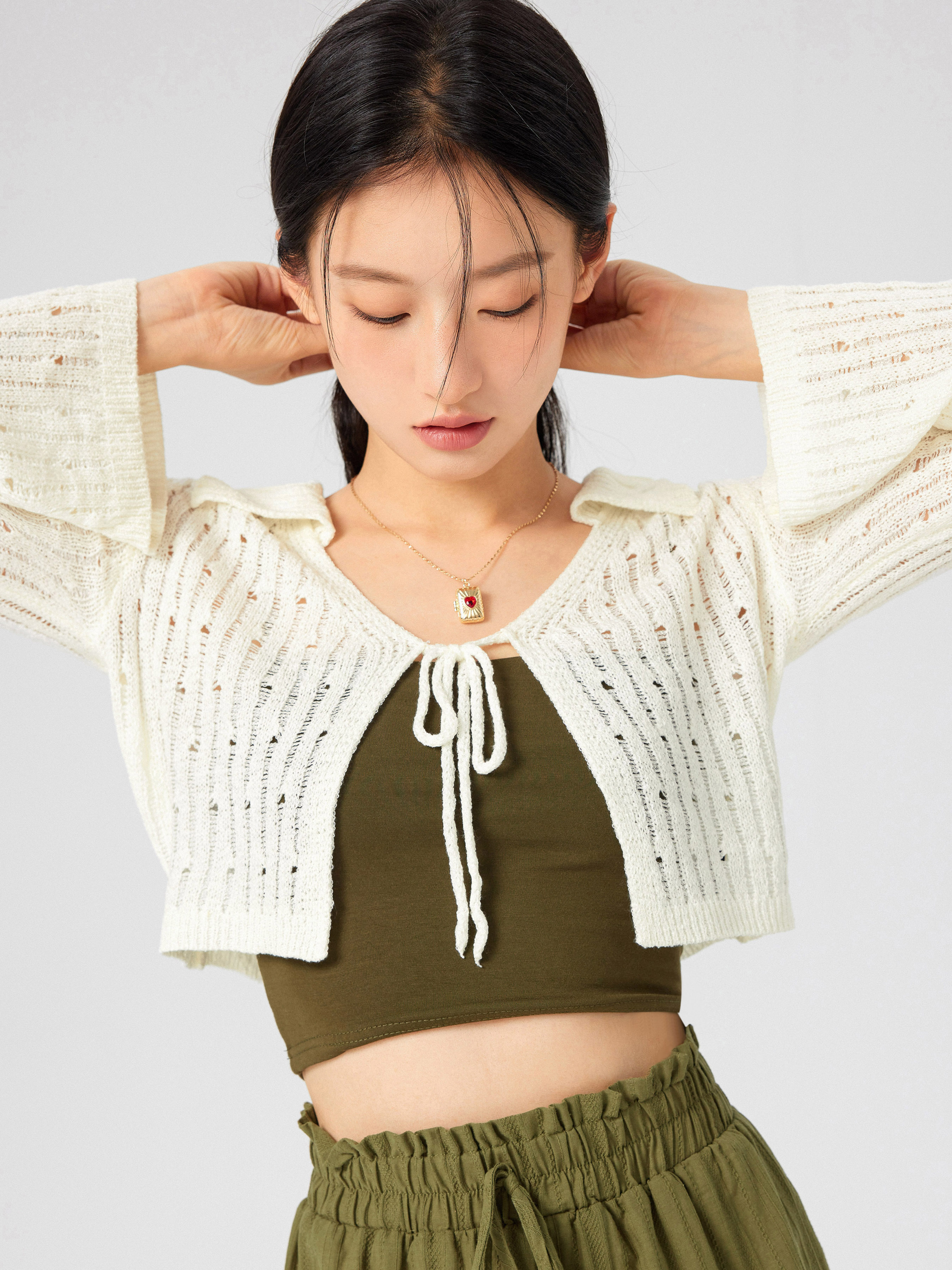 Knit V-neck Bowknot Hollow Out Cardigan For Holiday Knit V-neck Bowknot Hollow Out Cardigan For Holiday