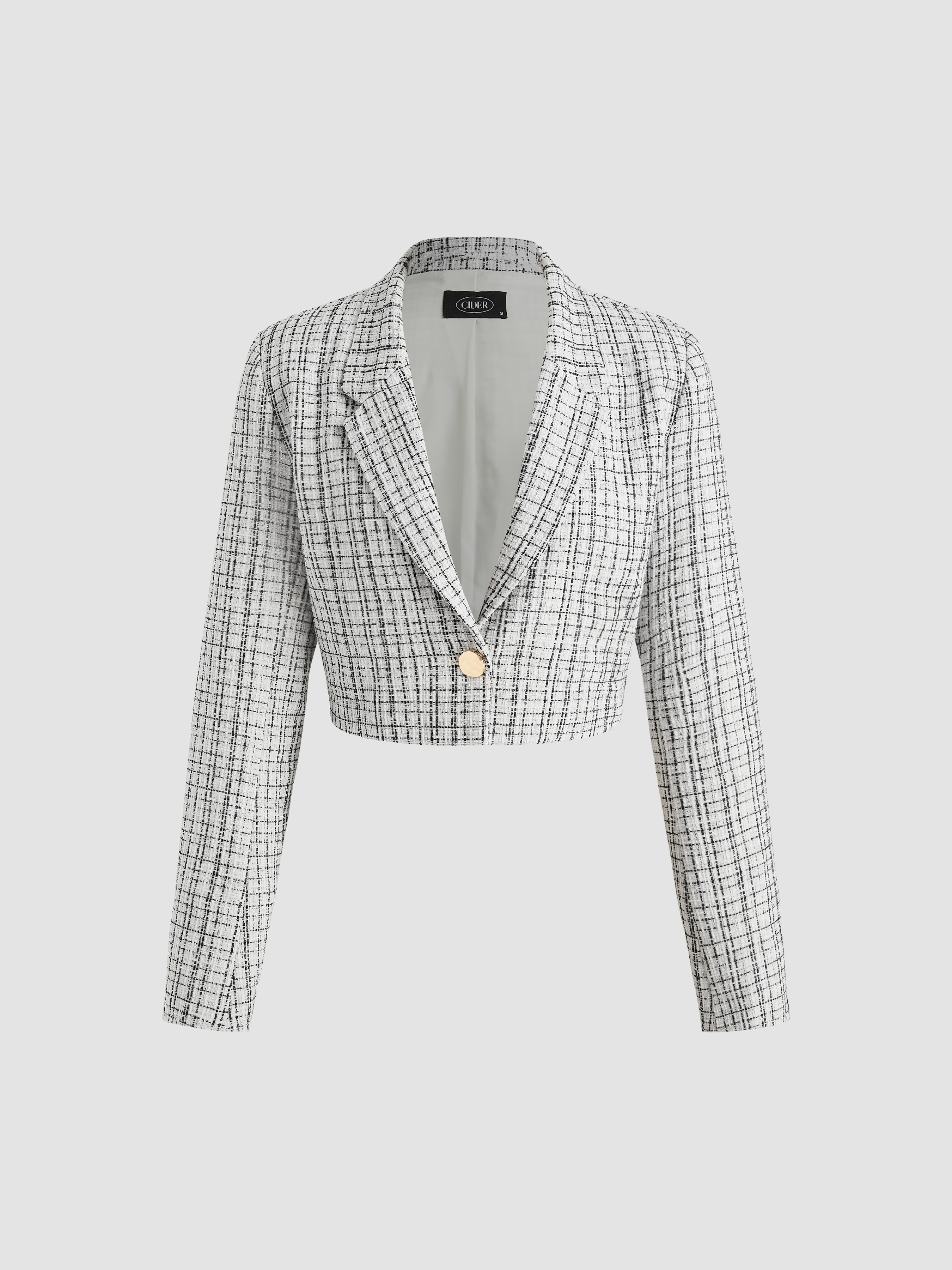 Tweed V-neck Checks Button Crop Blazer - Cider