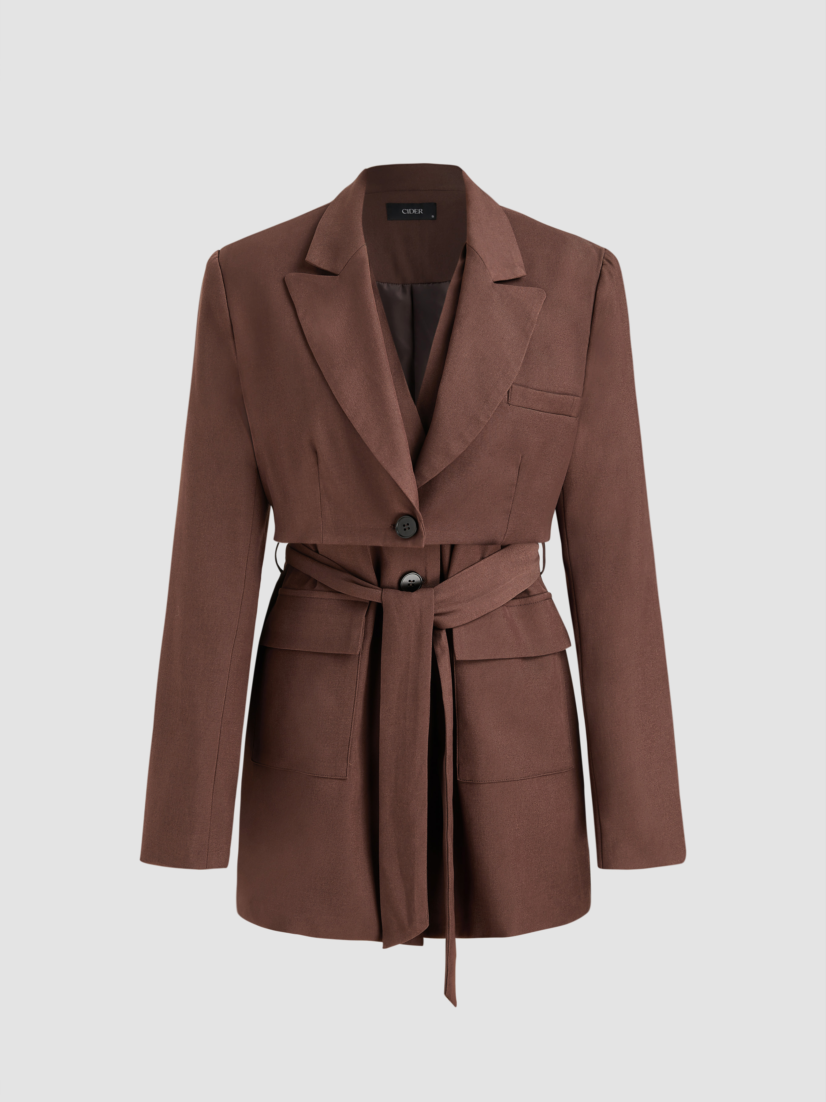 V-neck False Two-piece Pocket Button Belted Bowknot Blazer Dress - Cider