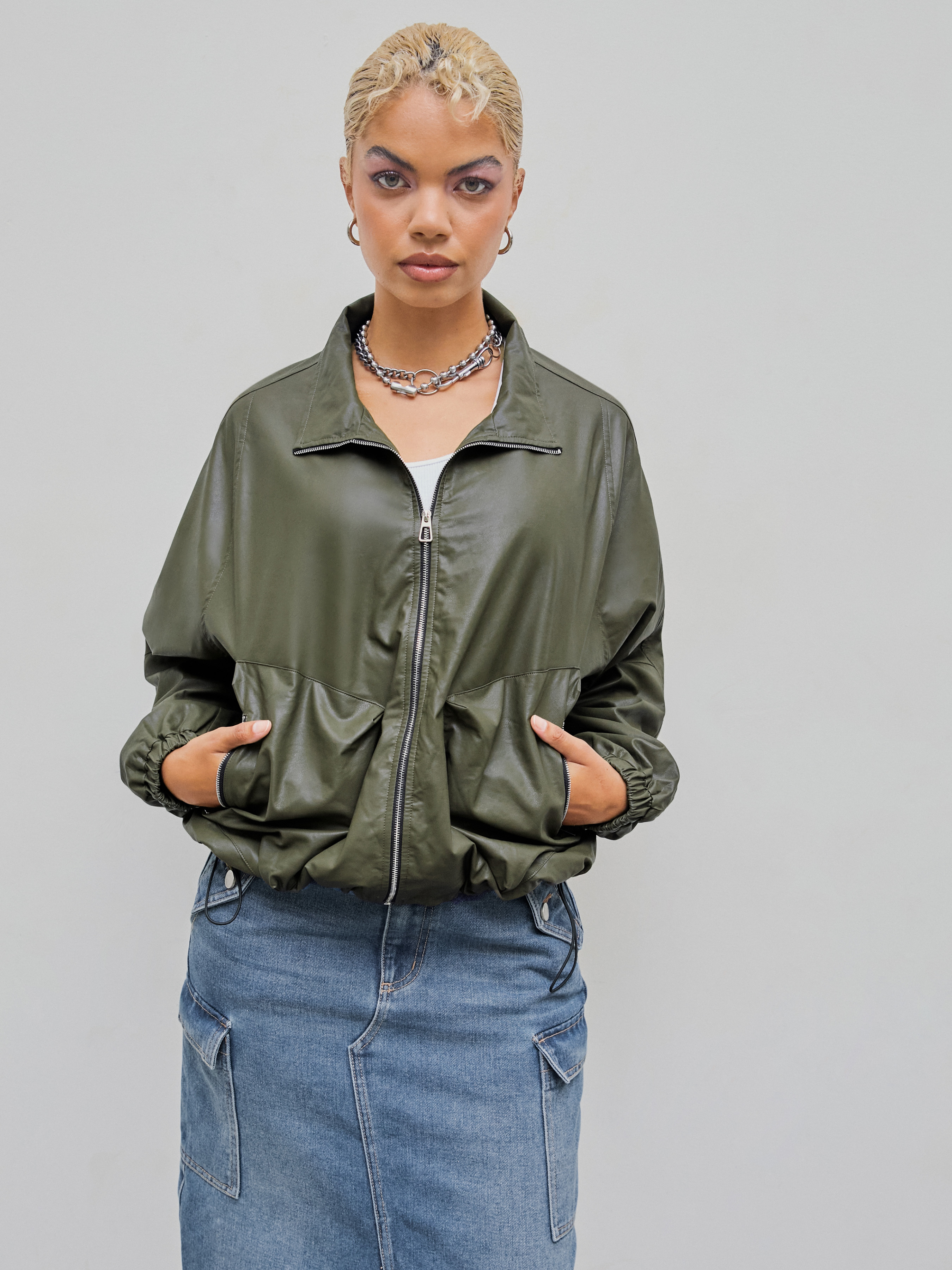 Faux Leather Collar Zipper Pocket Jacket - Cider