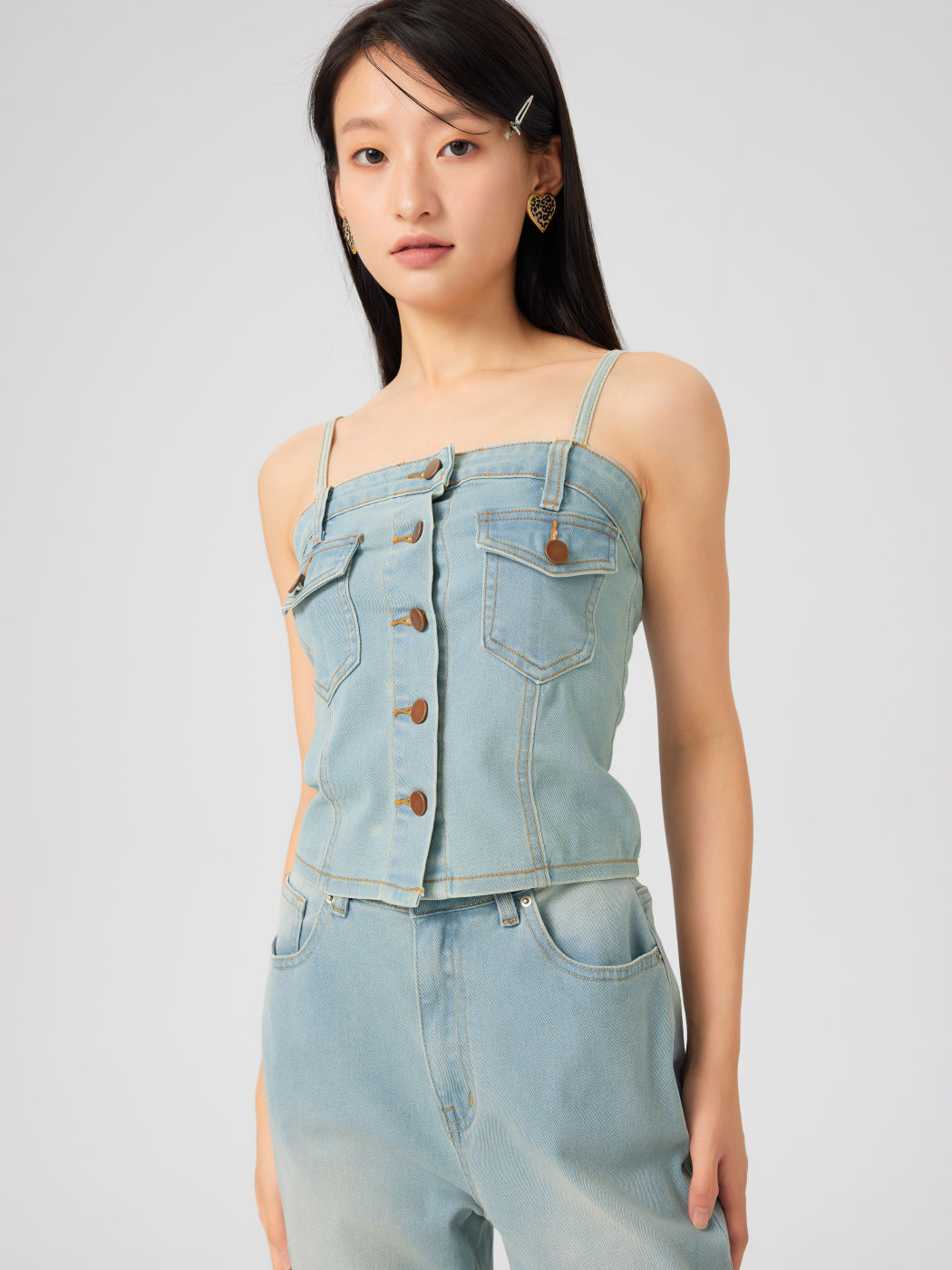 Denim Solid Denim Pocket Cami Top For Holiday